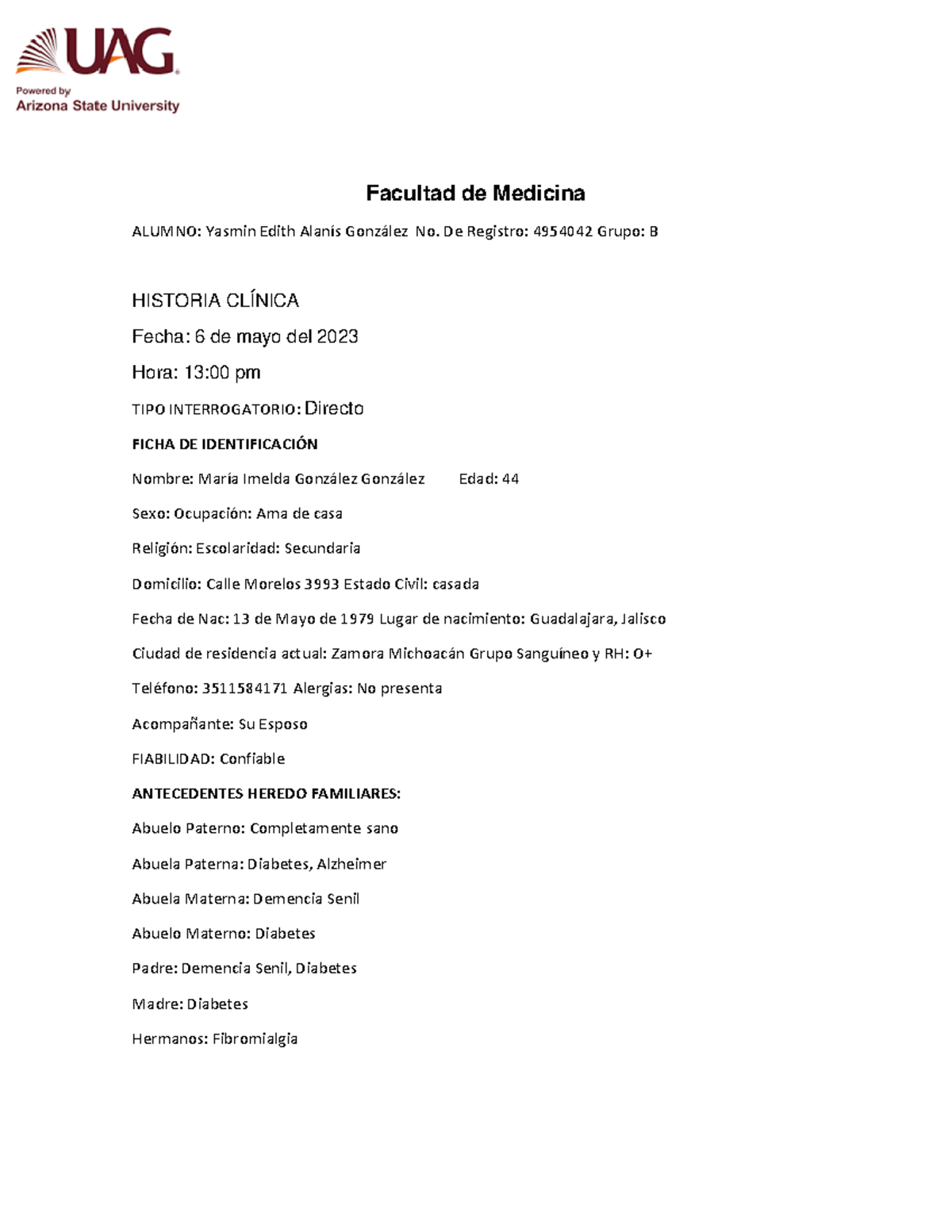 Historia Clinica - actividad - Facultad de Medicina ALUMNO: Yasmin ...
