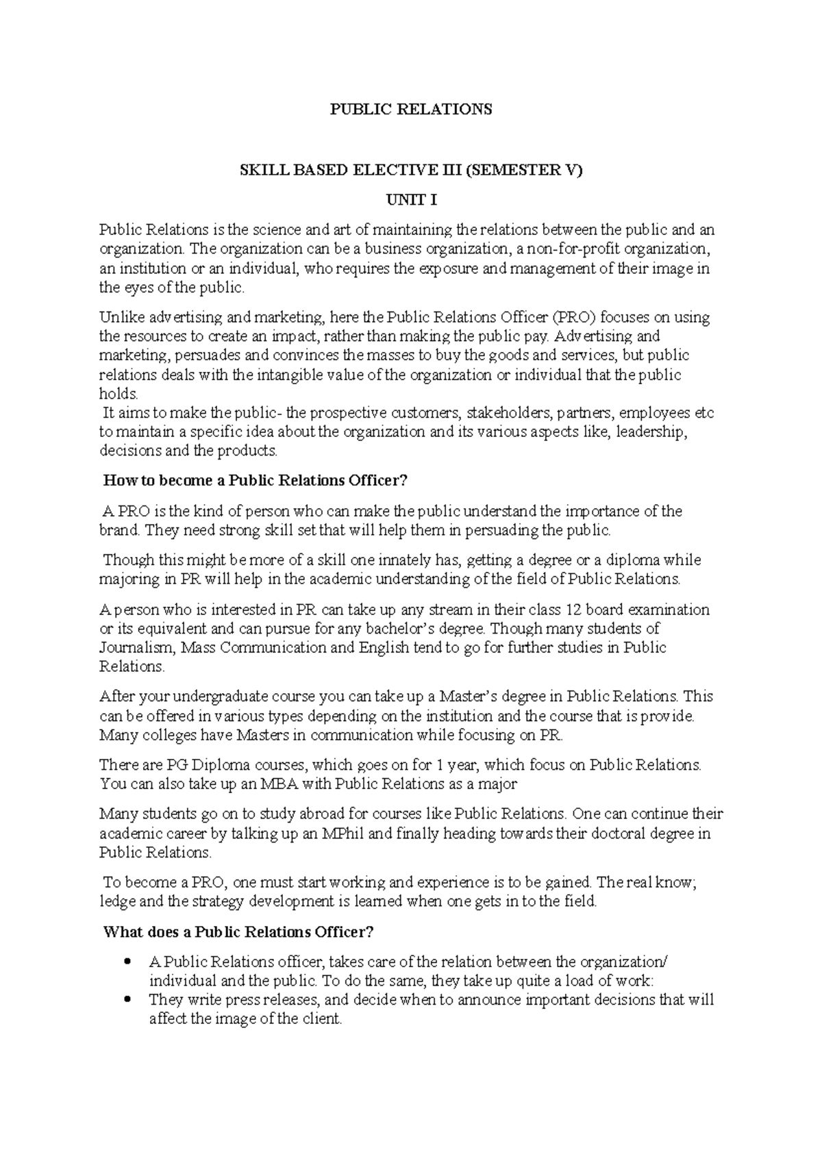 Public Relation Material-1 - PUBLIC RELATIONS SKILL BASED ELECTIVE III ...