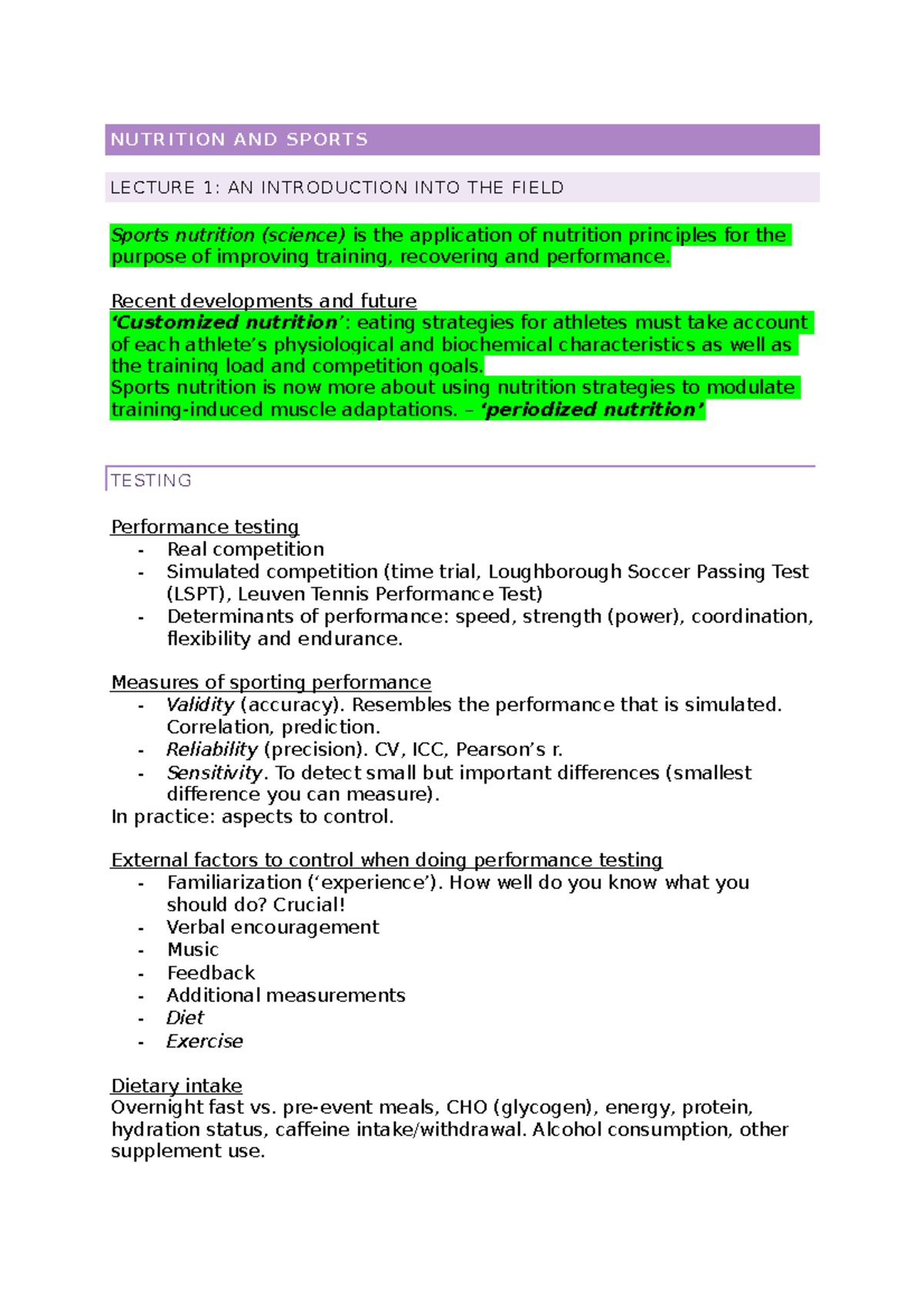 Nutrition and sports lecture notes - NUTRITION AND SPORTS LECTURE 1: AN ...