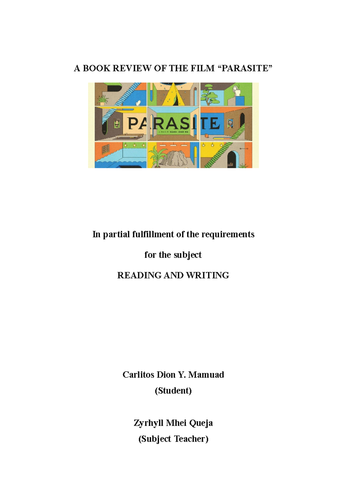 PARASITE BOOK REVIEW - A BOOK REVIEW OF THE FILM “PARASITE” In partial ...