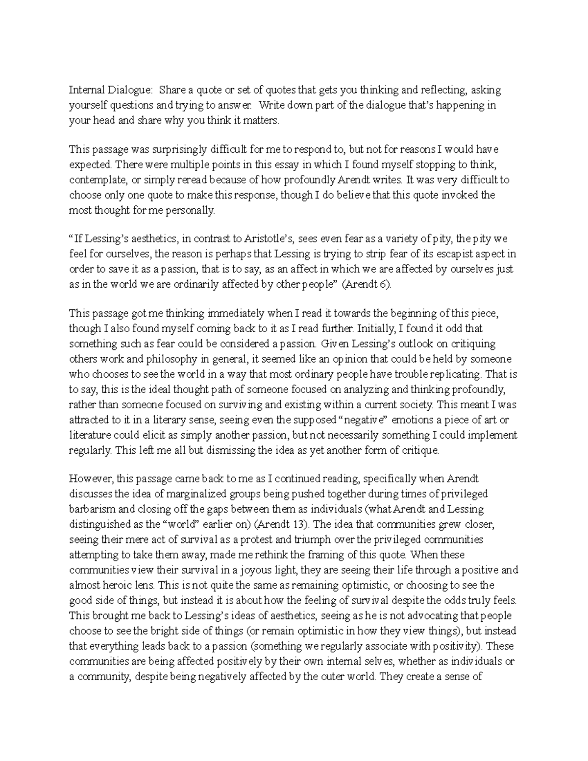 English Discussion Log - Internal Dialogue: Share a quote or set of ...