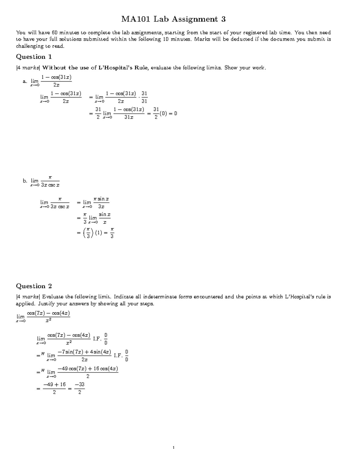 Lab 3 Solutions - MA101 Lab Assignment 3 You will have 60 minutes to ...