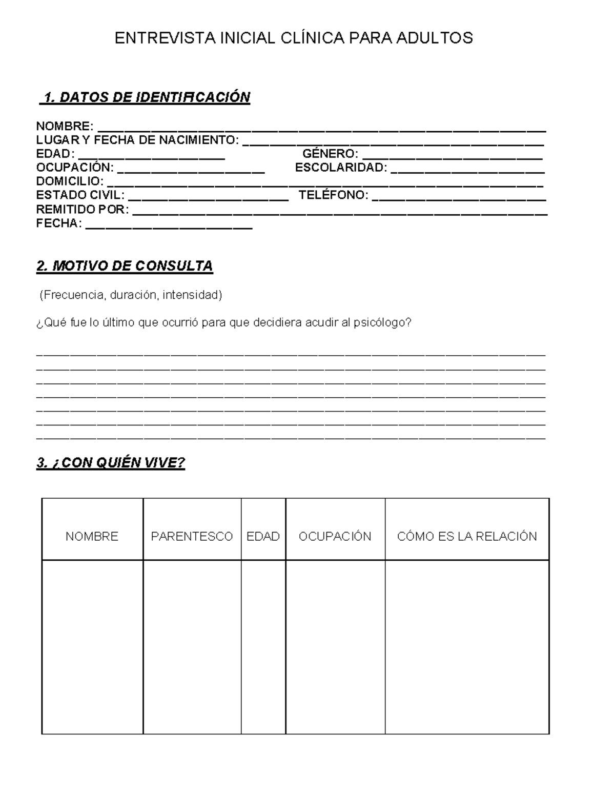 Entrevista inicial adultos - ENTREVISTA INICIAL CLÍNICA PARA ADULTOS 1 ...