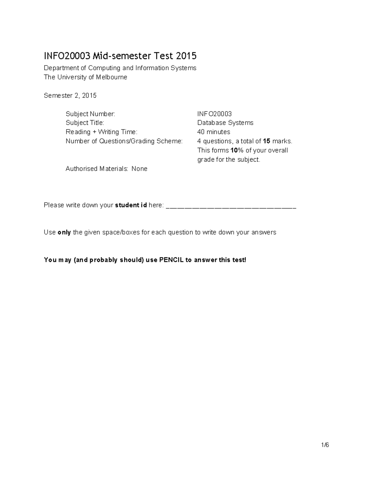 Mid semester test 2015, past exam Database systems - Test 2015 ...