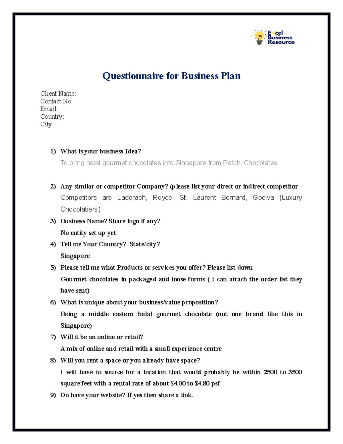 Questionnaire for business plan - Questionnaire for Business Plan ...