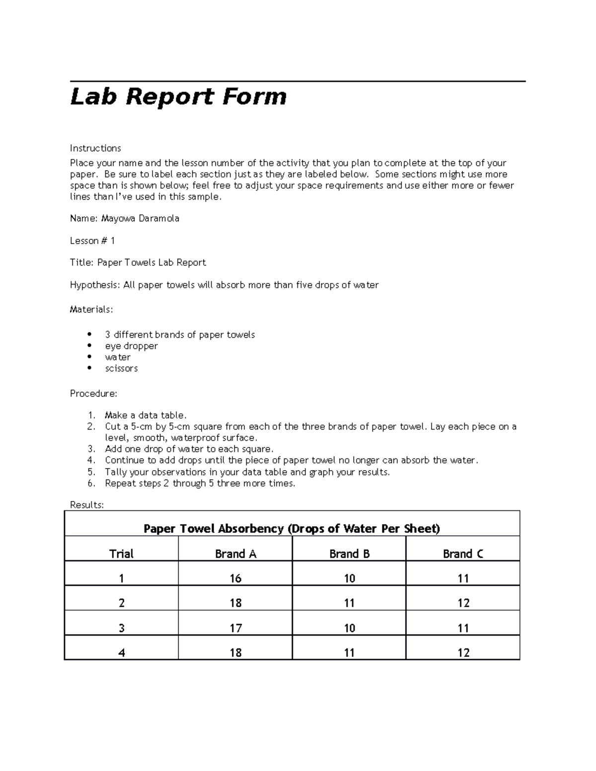 SCI8A Lesson 1 Paper Towels Lab Report - MATH 3339 - UH - Studocu