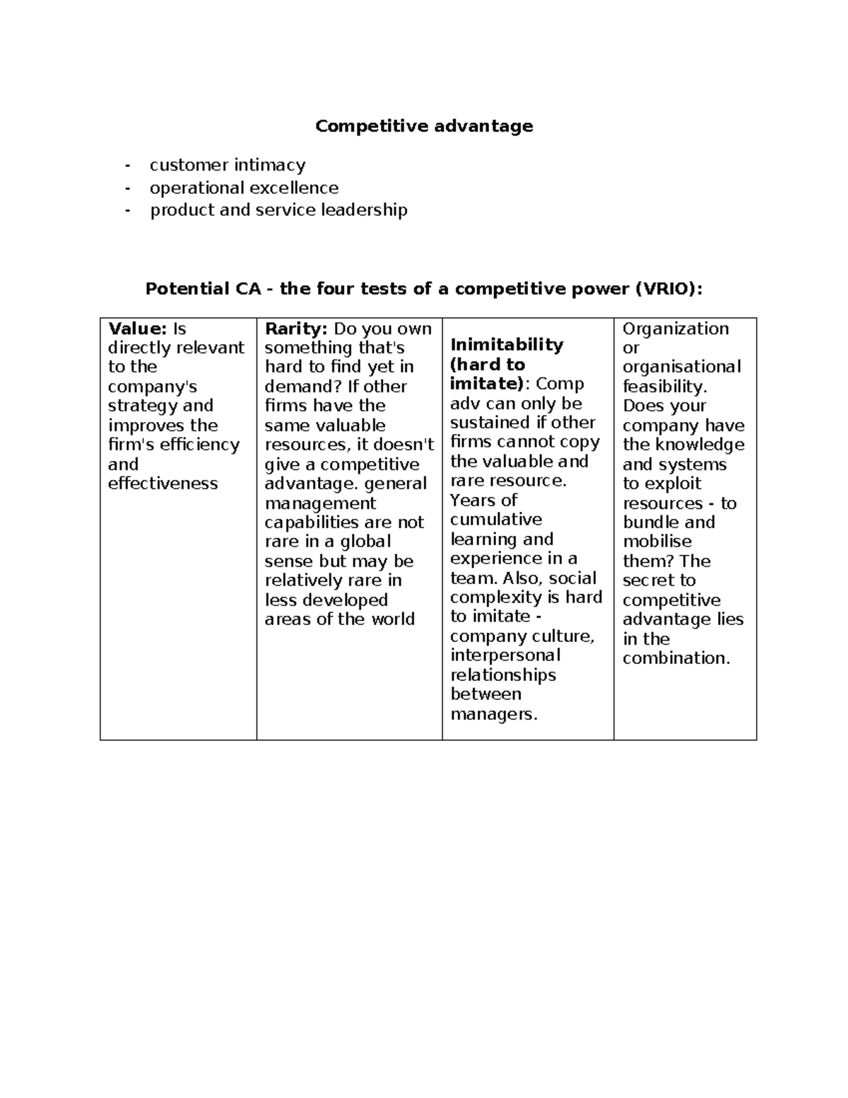 W1 TUT notes - Competitive advantage customer intimacy operational ...