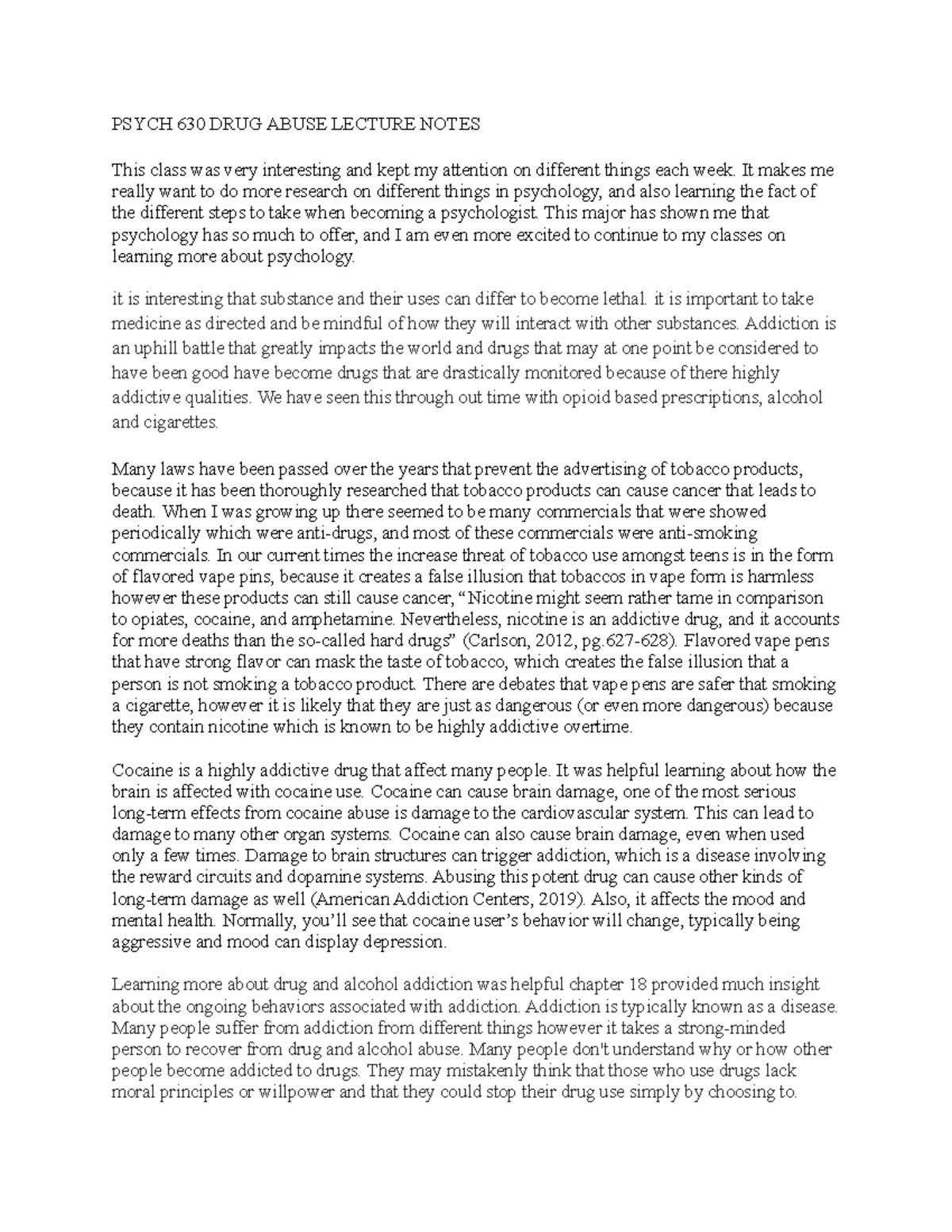 PSYCH 630 DRUG Abuse Lecture Notes - PSYCH 630 DRUG ABUSE LECTURE NOTES ...