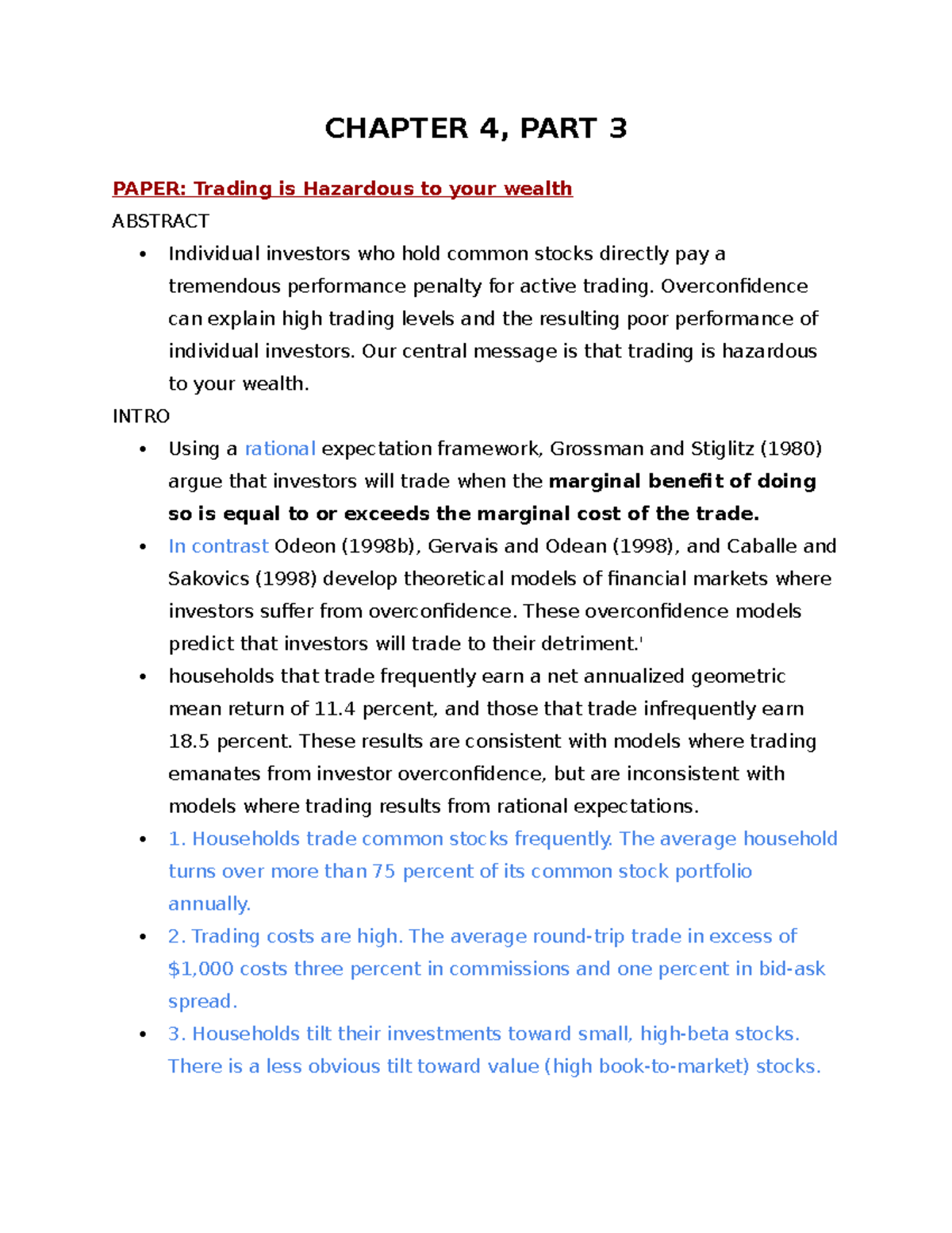 Fina 416- Chapter 4, part 3 - CHAPTER 4, PART 3 PAPER: Trading is Hazardous to your wealth ...