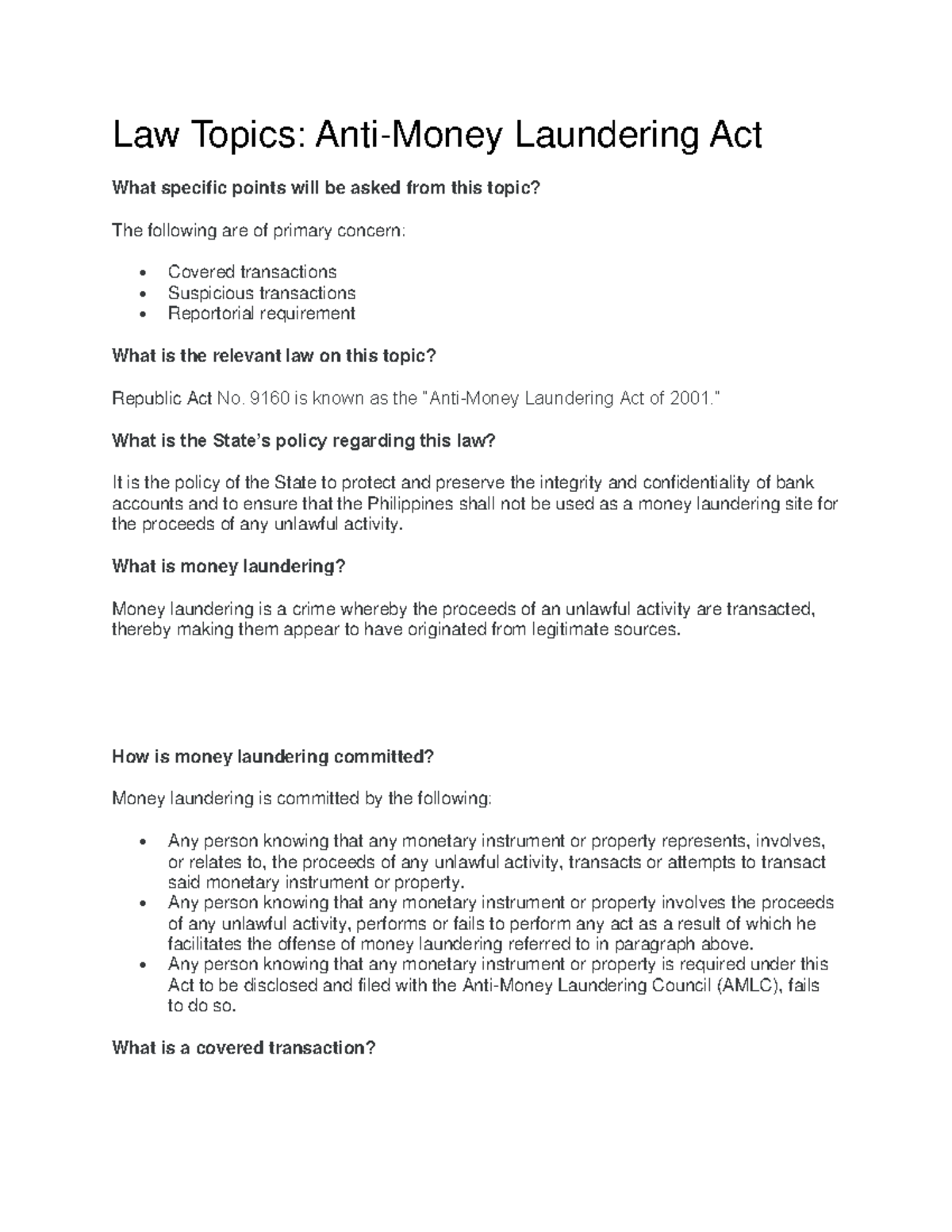 Anti-Money Laundering Act - 9160 is known as the “Anti-Money Laundering ...