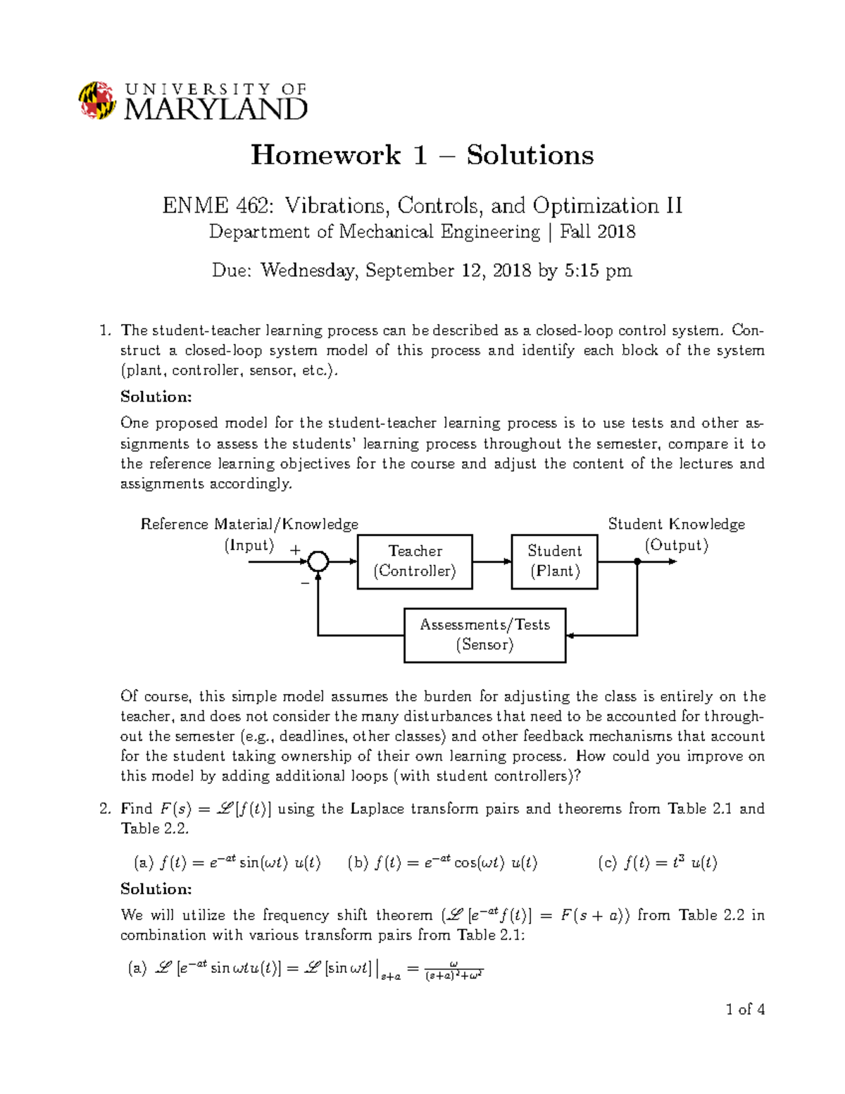 HW1 Sol - hw1 - Homework 1 – Solutions ENME 462: Vibrations, Controls, and Optimization II - Studocu