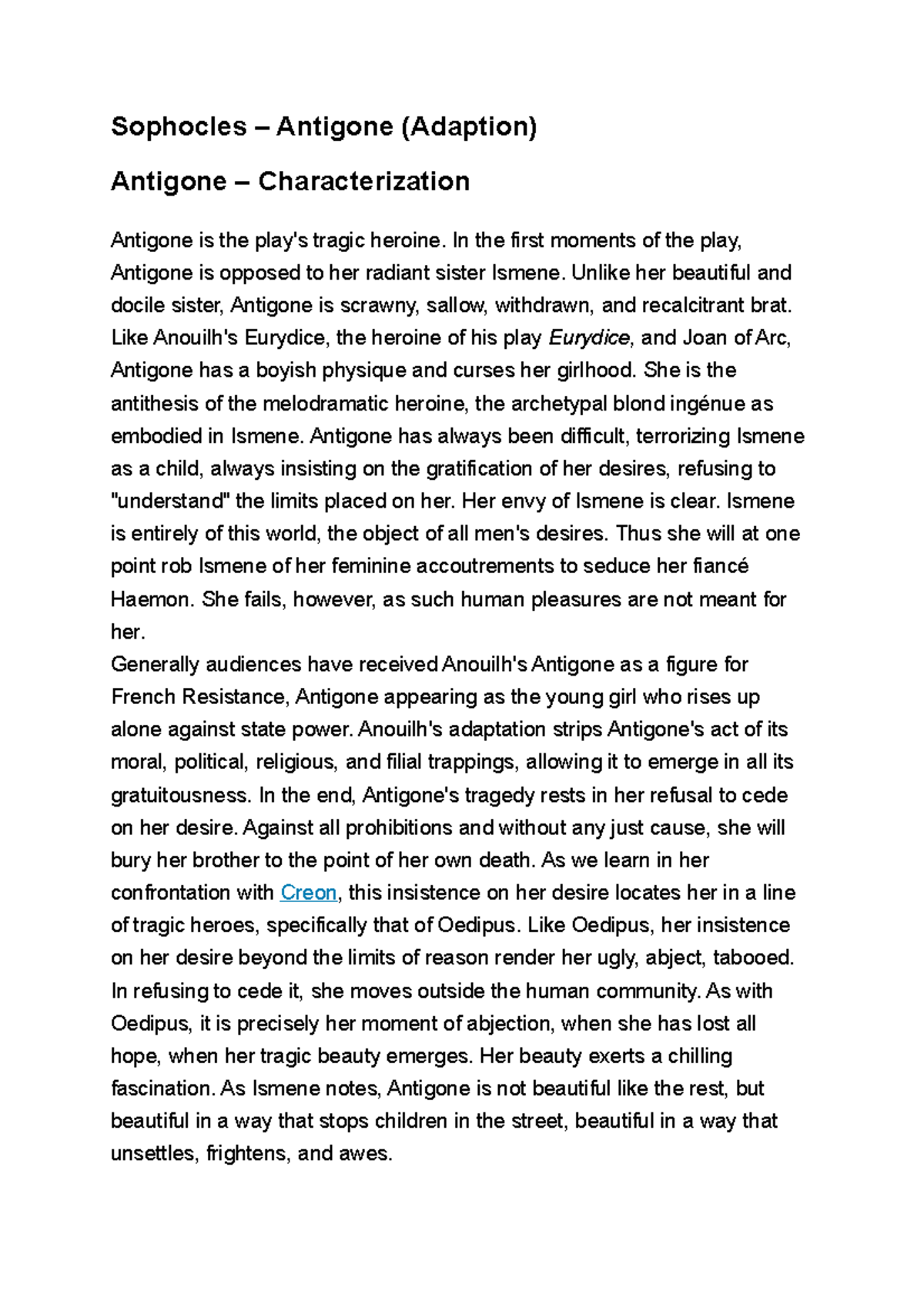 Sophocles - Antigone - Antigone Characterization - Sophocles Antigone ...