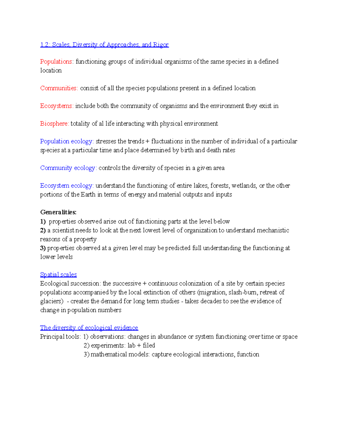 BIOEE 1610 - Chapter 1 Notes - 1: Scales, Diversity of Approaches, and ...
