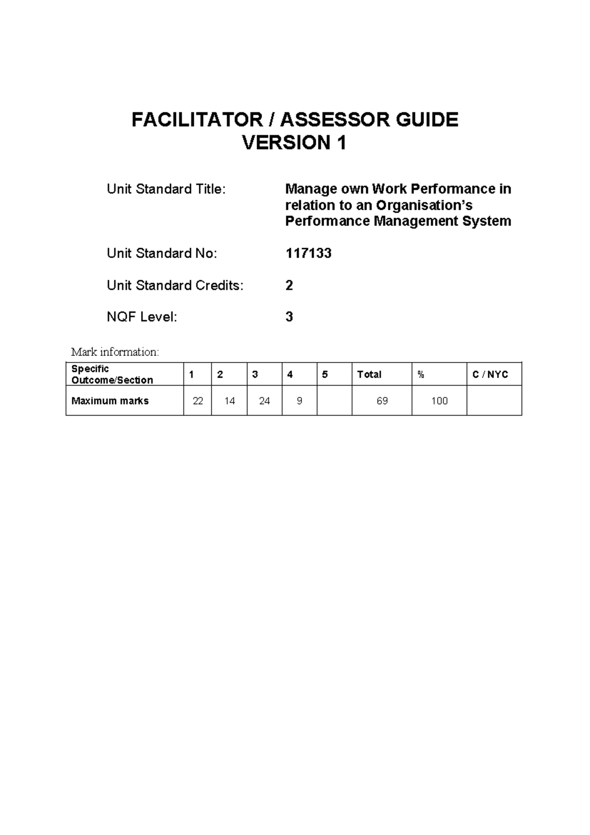 Facilitator Assessor Guide V1 117133 - FACILITATOR / ASSESSOR GUIDE ...