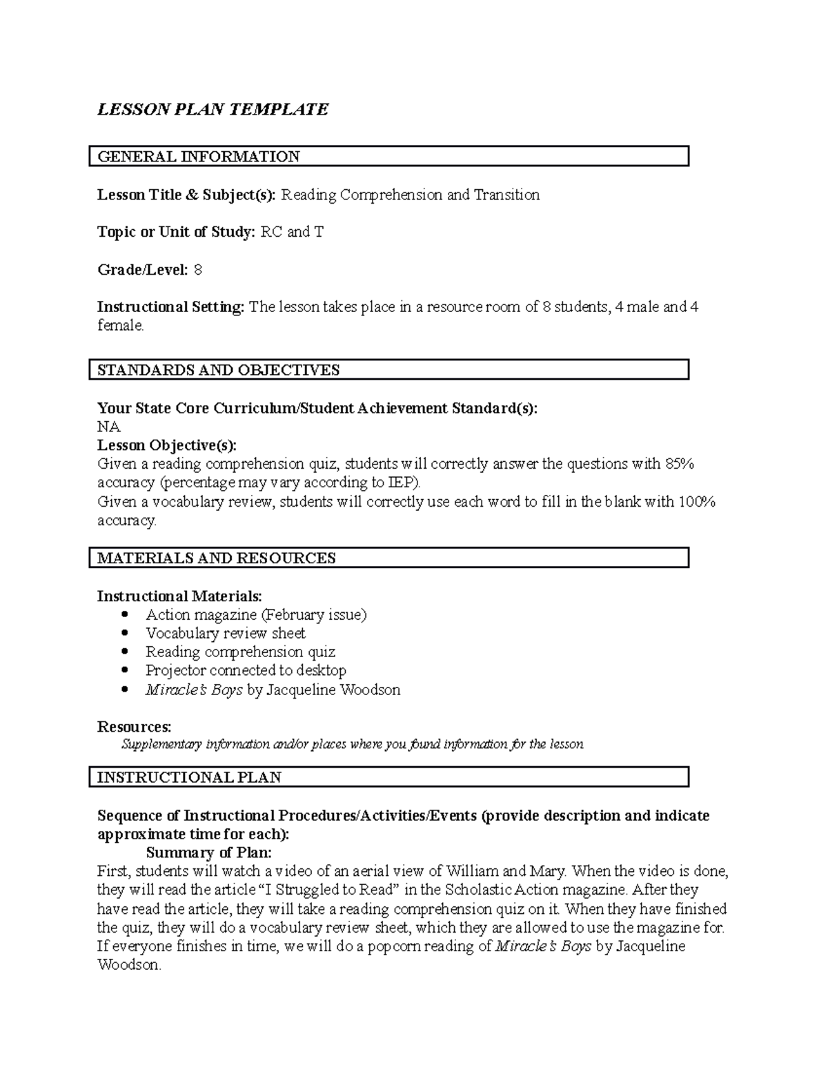 B4 lesson plan 2018 10 05 - LESSON PLAN TEMPLATE GENERAL INFORMATION ...