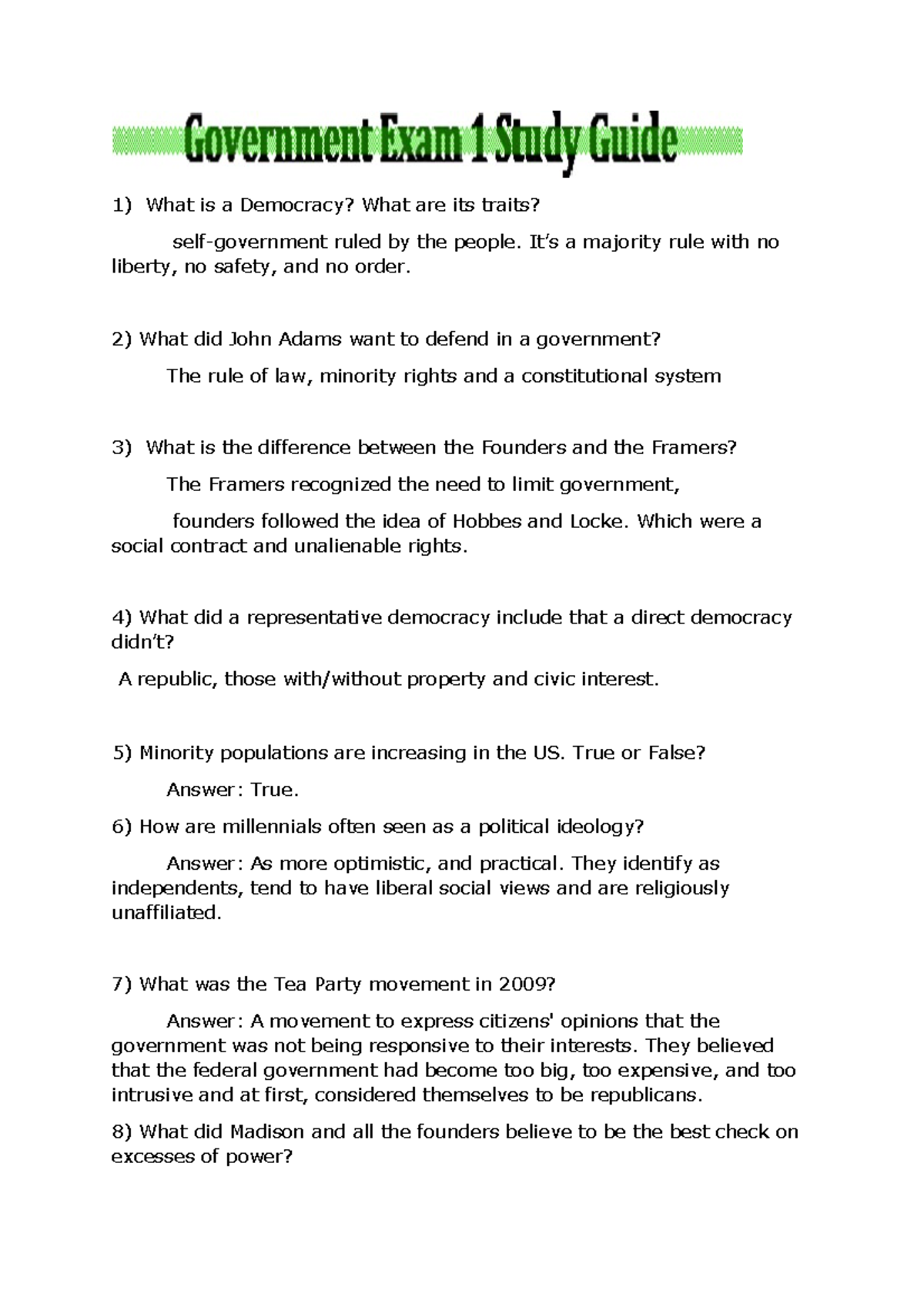 EXAM 1 History USA - What is a Democracy? What are its traits? self ...