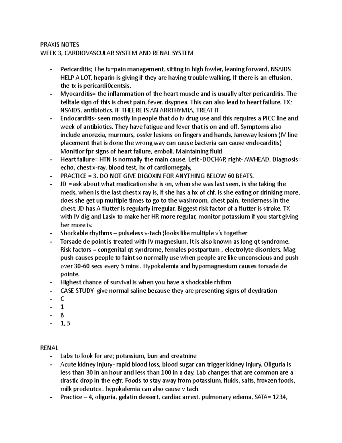 Praxis Notes - PRAXIS NOTES WEEK 3, CARDIOVASCULAR SYSTEM AND RENAL ...