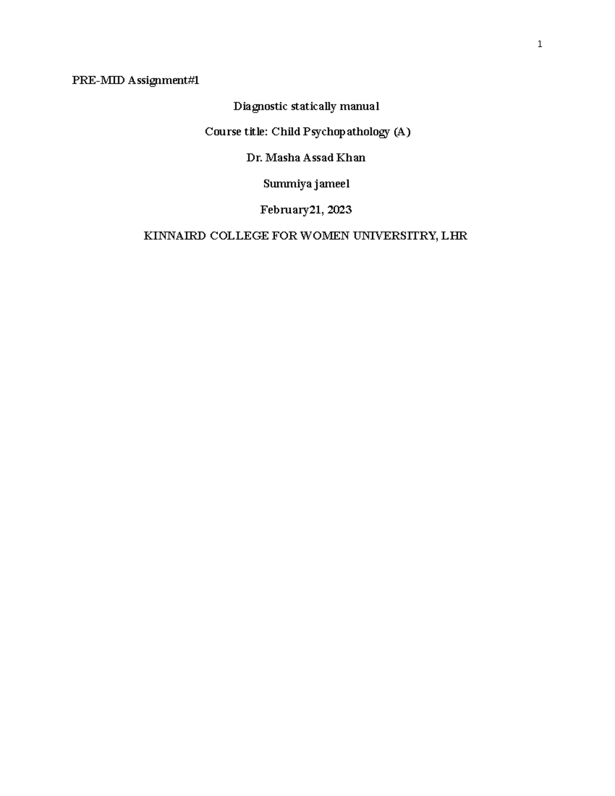 DSM assingment - PRE-MID Assignment# Diagnostic statically manual ...