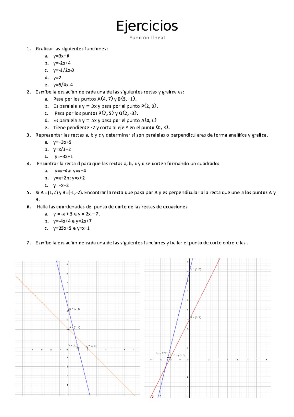 Ejercicios f. linal - Ejercicios Función lineal Graficar las siguientes ...