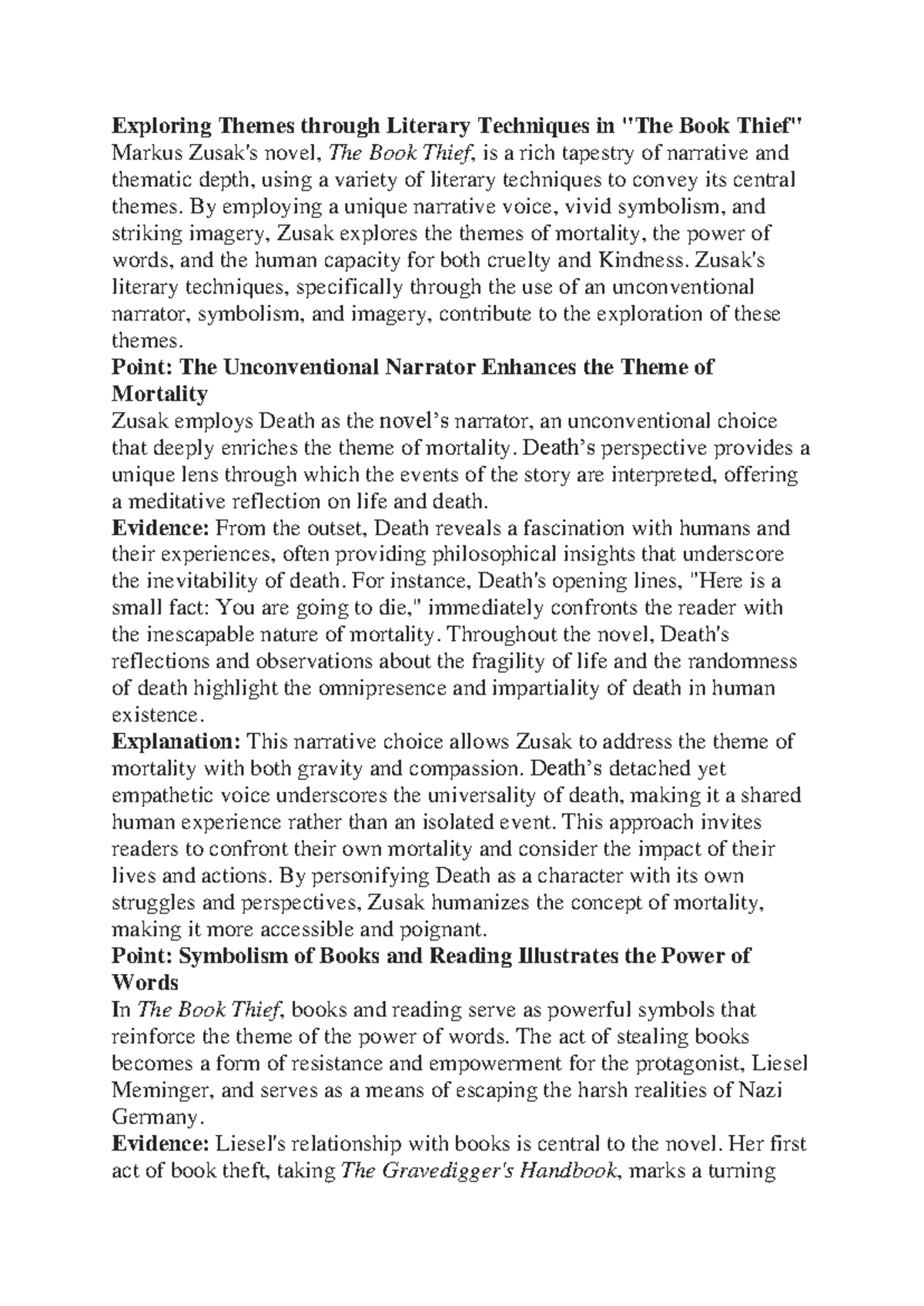 Literary Techniques Book Thief Sample Essay - Exploring Themes through ...