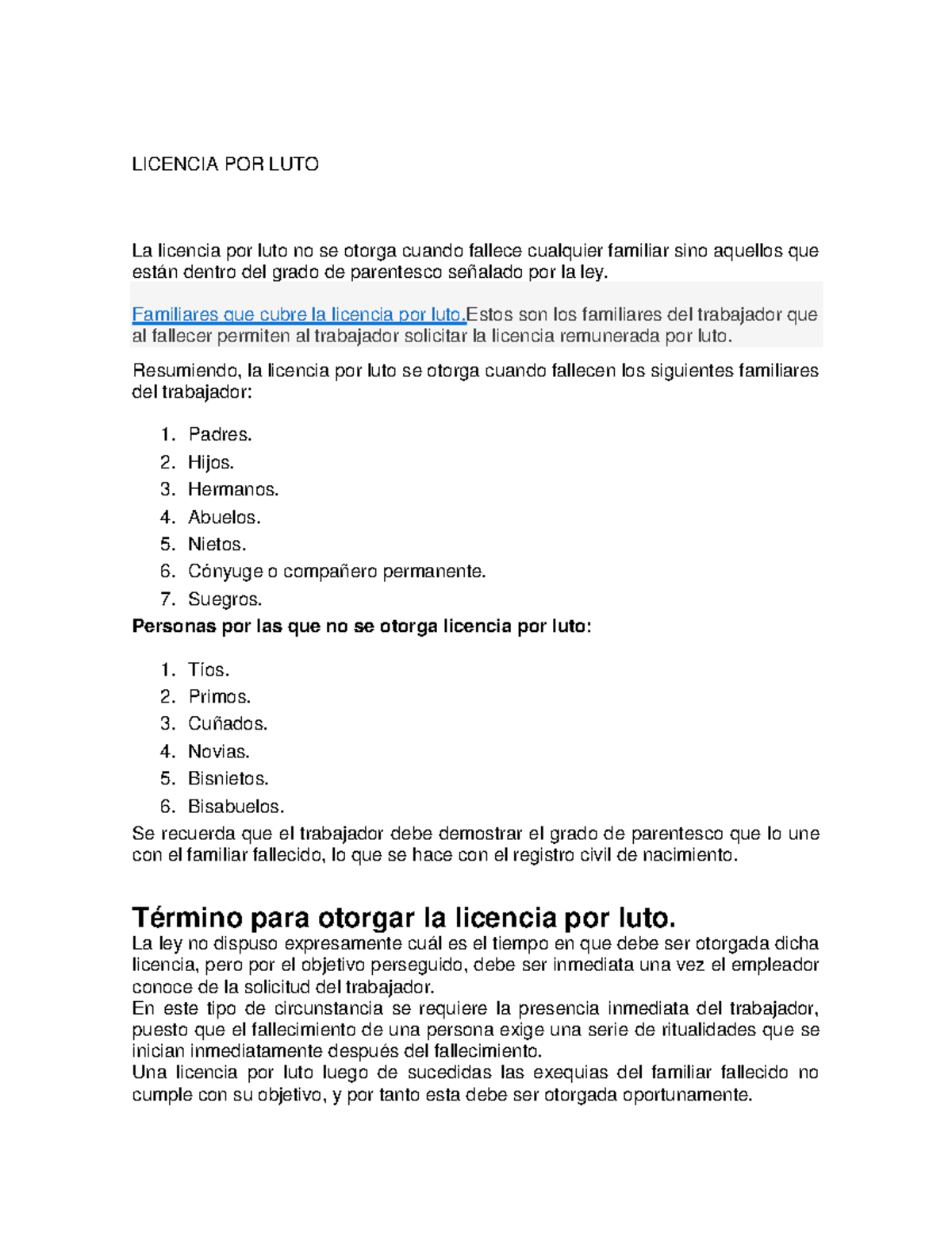 Licencia POR LUTO - derecho - LICENCIA POR LUTO La licencia por luto no ...