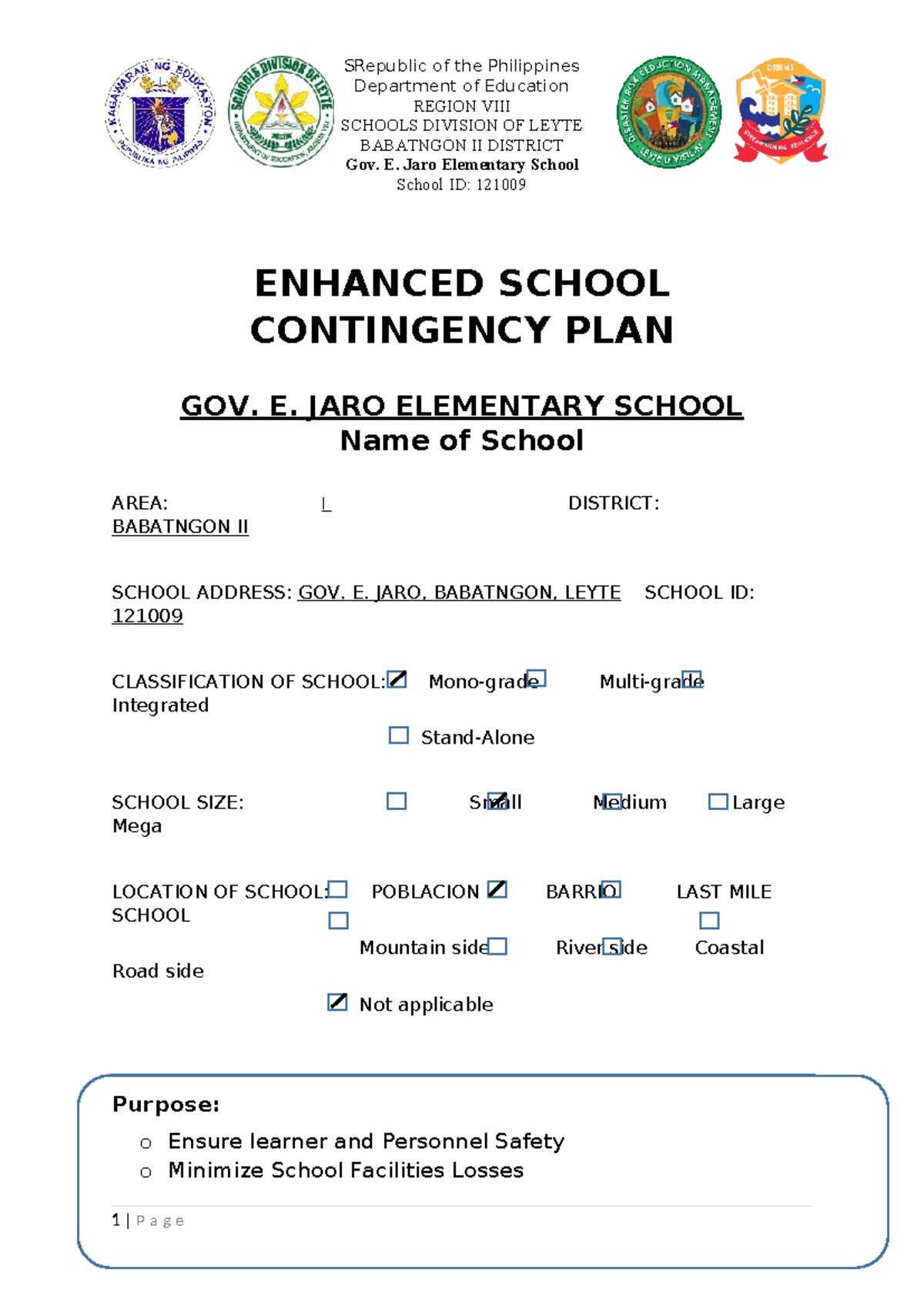 GOV. E.JARO ES B2 Contingency PLAN - Department of Education REGION ...