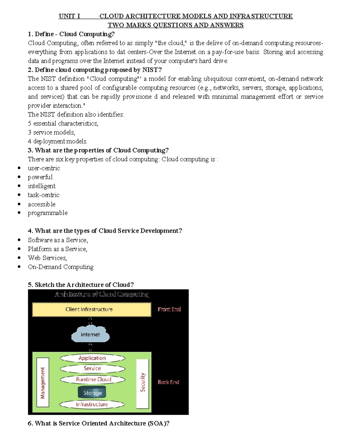 UNIT I TWO Marks Q&A - UNIT I CLOUD ARCHITECTURE MODELS AND INFRASTRUCTURE TWO MARKS QUESTIONS ...