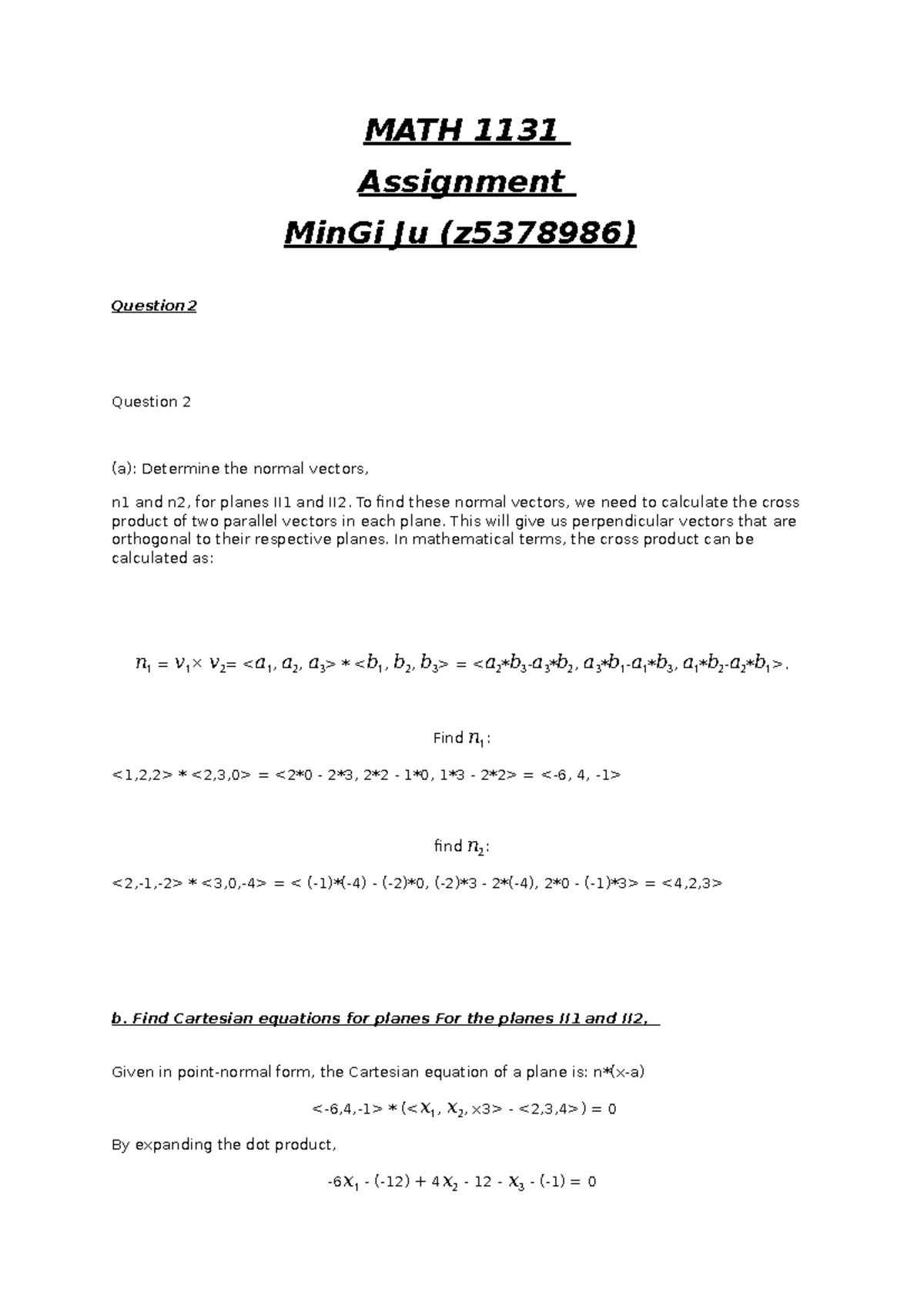 MATH1131 Assignment Min Gi Ju 19 - MATH 1131 Assignment MinGi Ju (z5378986) Question Question 2 ...