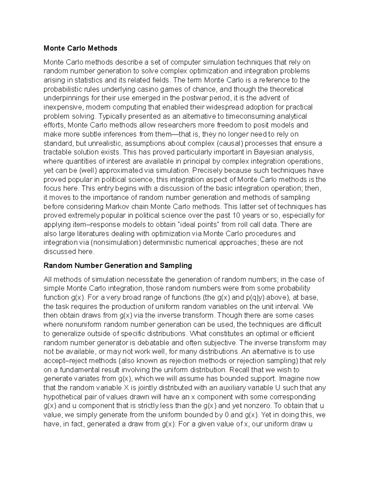 Monte Carlo Methods Monte Carlo Methods Monte Carlo Methods Describe A Set Of Computer