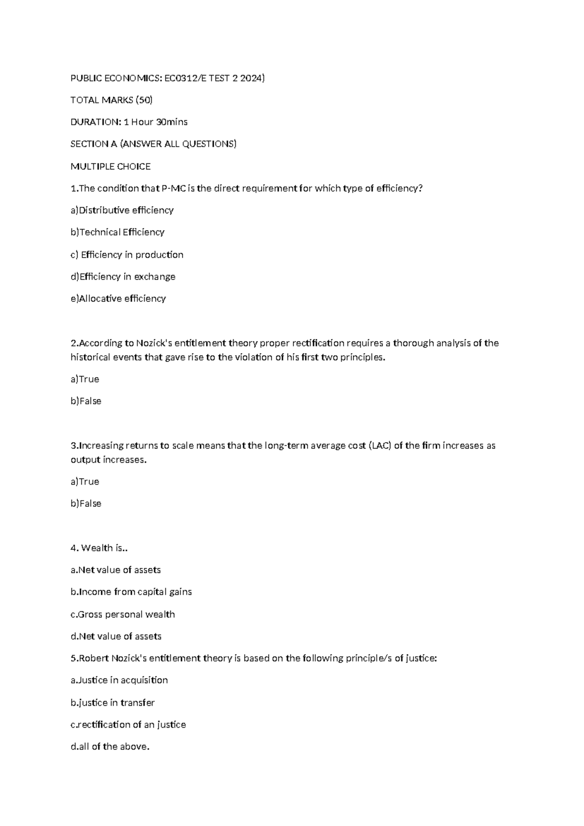 Public Economics test 2 - PUBLIC ECONOMICS: EC0312/E TEST 2 2024) TOTAL ...