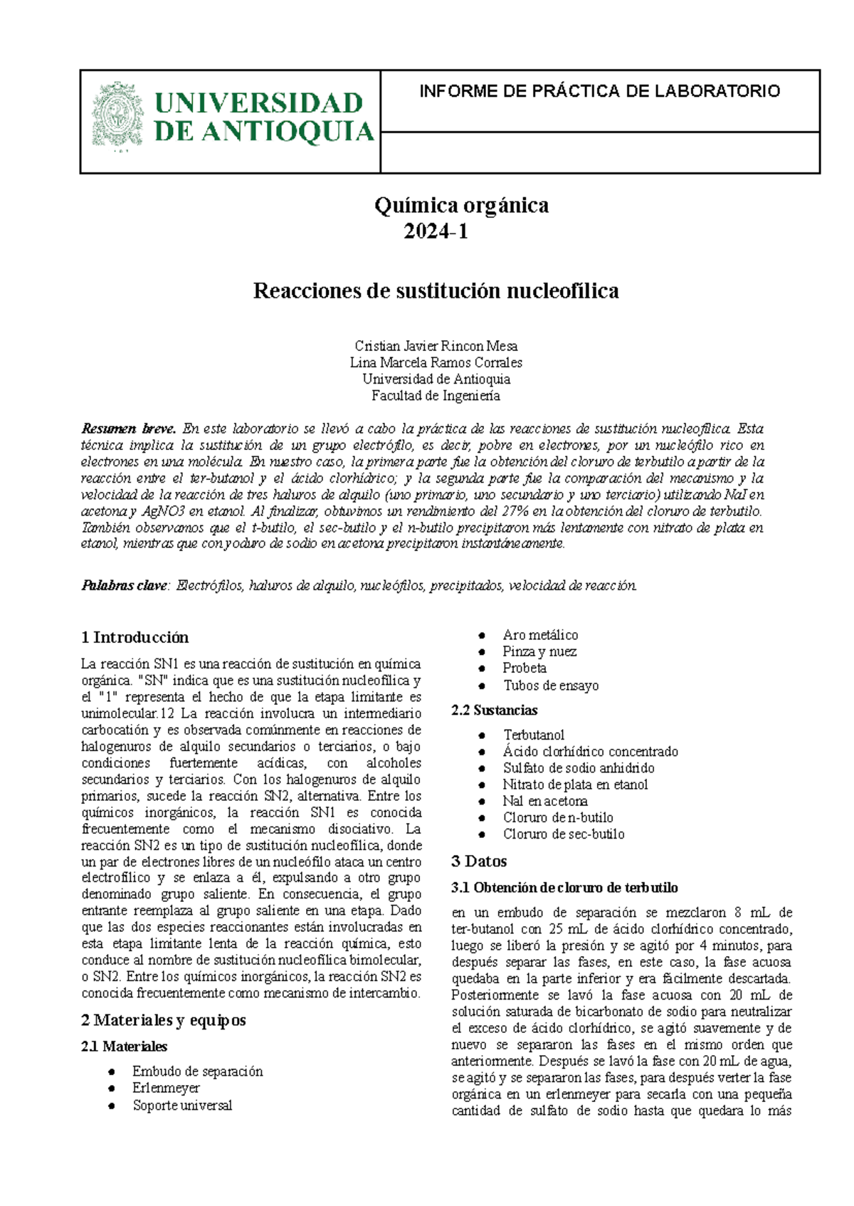 Formato Informe de pr ctica de laboratorio Ude A - Química orgánica 2024- Reacciones de ...