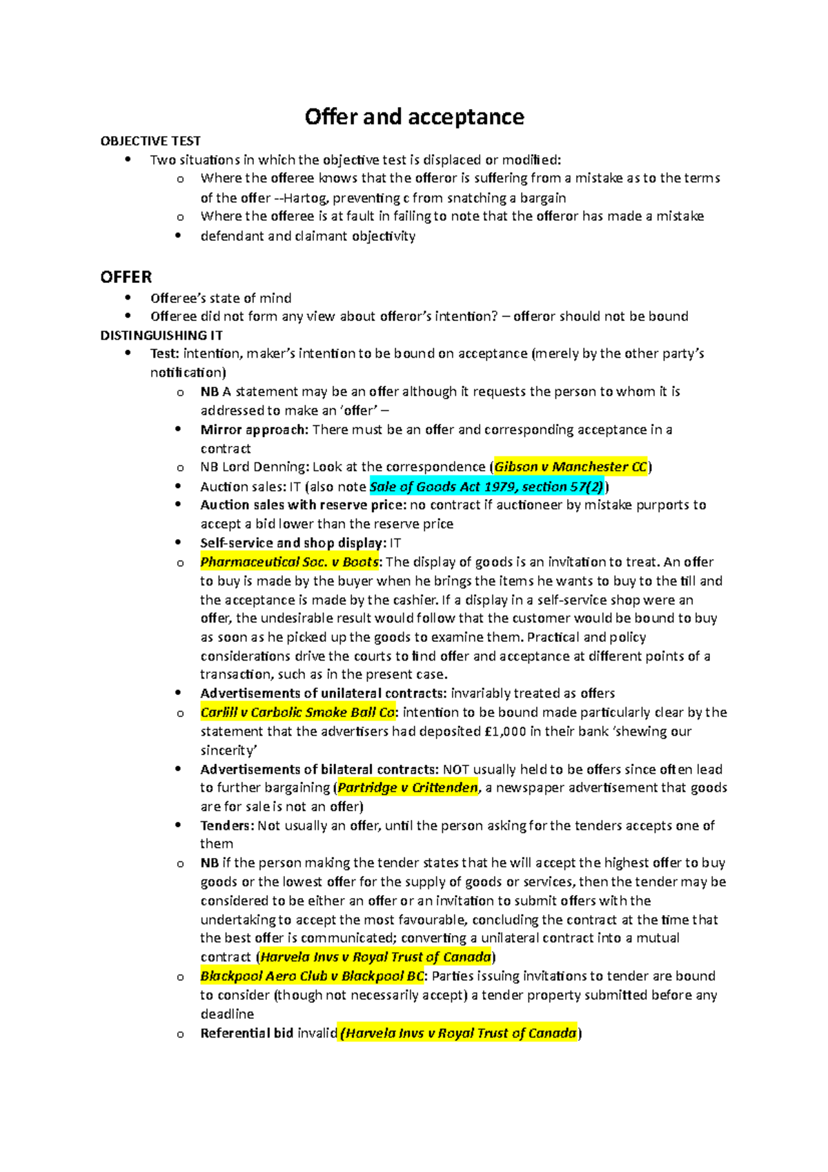 Offer and acceptance - outline - Offer and acceptance OBJECTIVE TEST ...