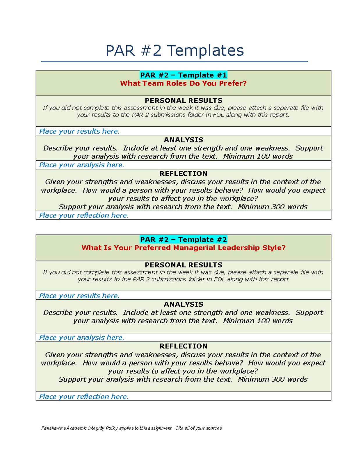PAR #2 Assignment Templates - PAR #2 Templates PAR #2 – Template What ...