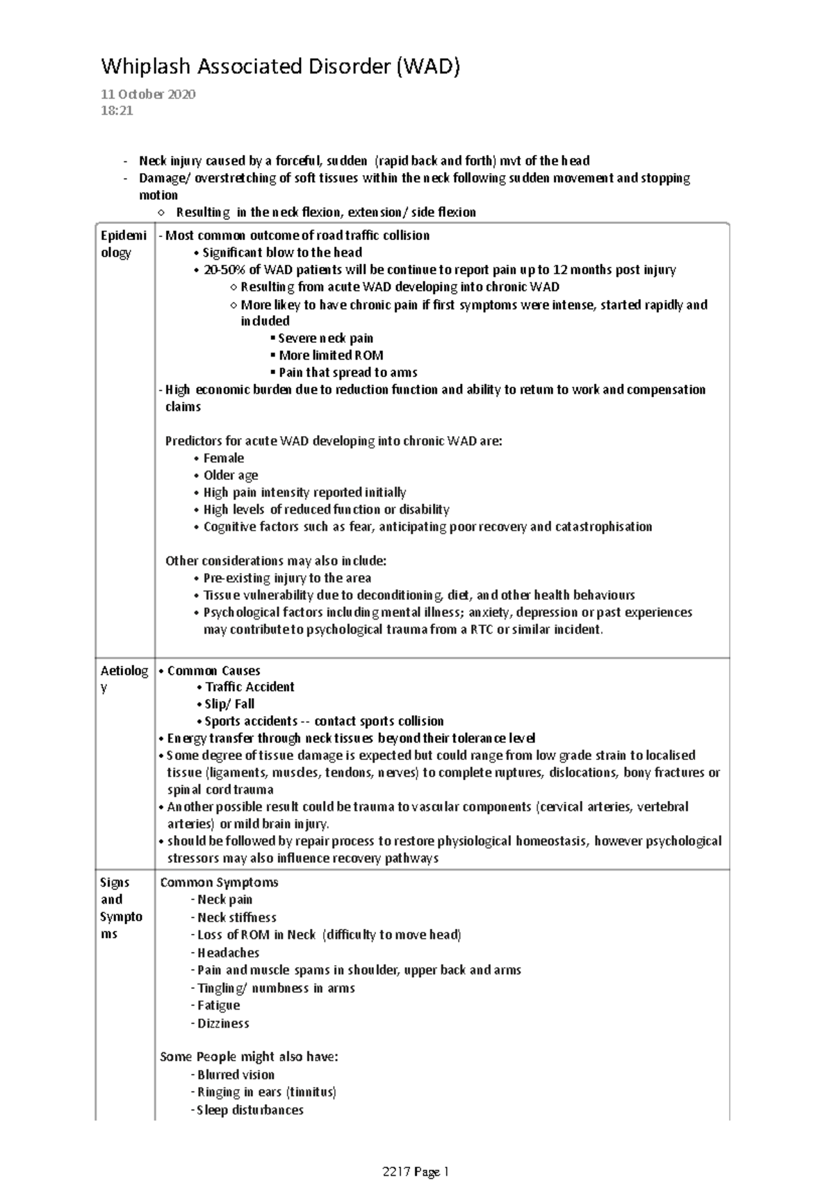Whiplash Associated Disorder (WAD) - Neck injury caused by a forceful ...