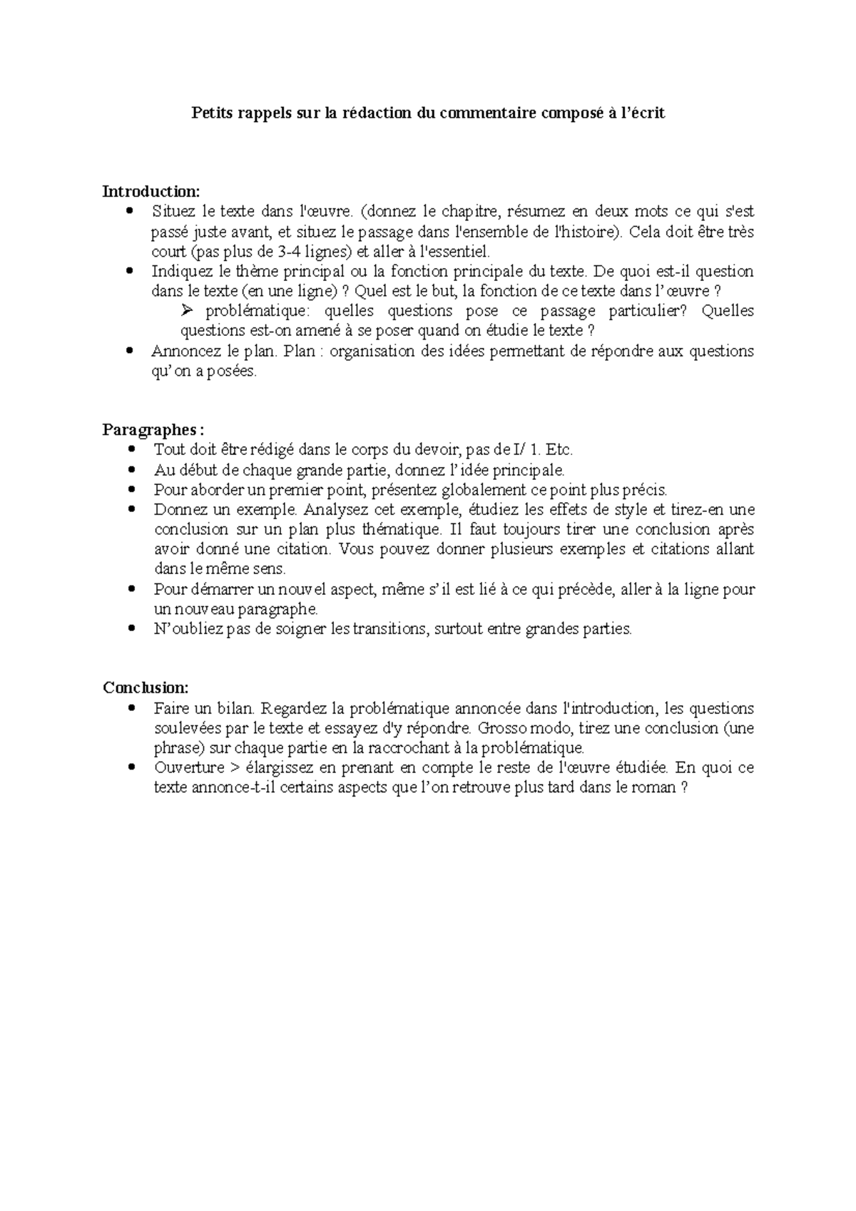 Petits rappels sur la rédaction du commentaire composé sur une oeuvre ...