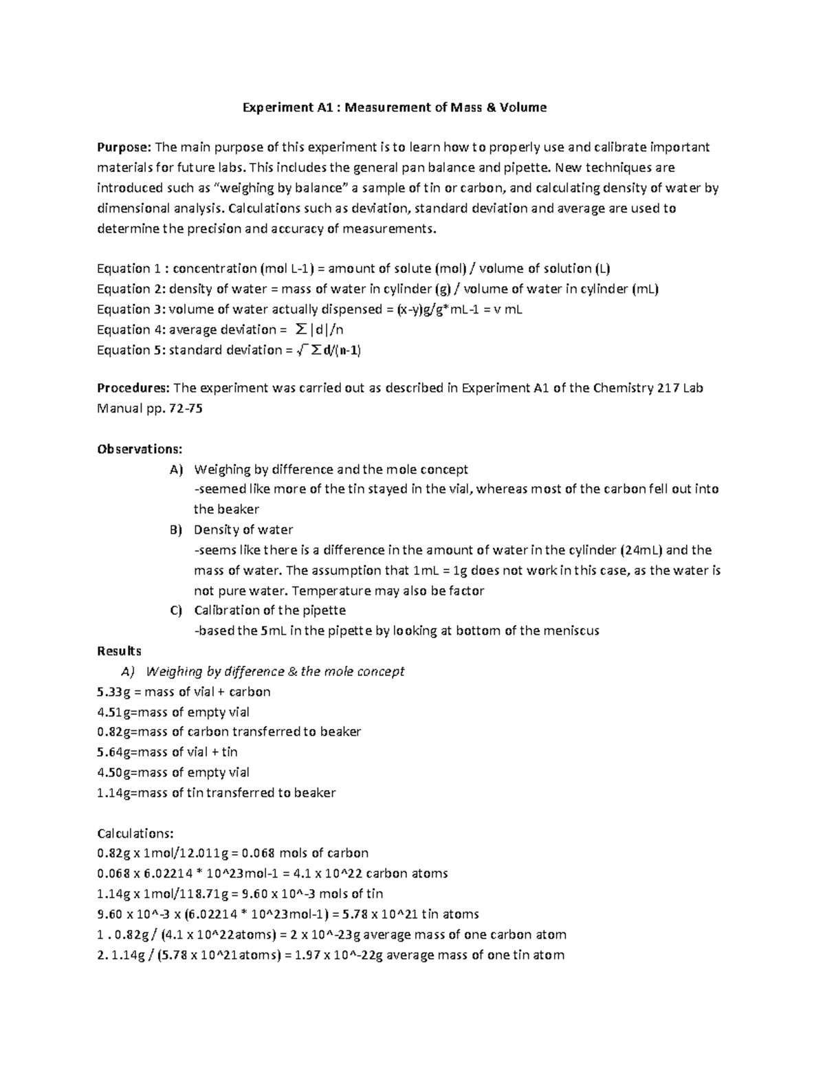 Chem 217 experiment A1 - Experiment A1 : Measurement of Mass & Volume ...