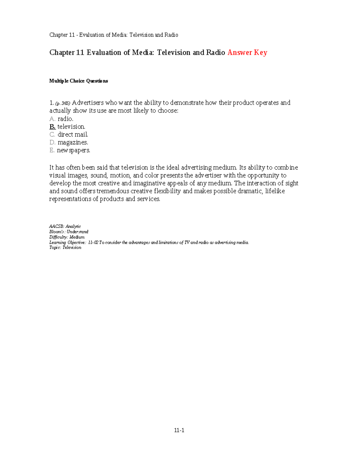 Chap011 - M/C with answers - Chapter 11 Evaluation of Media: Television ...