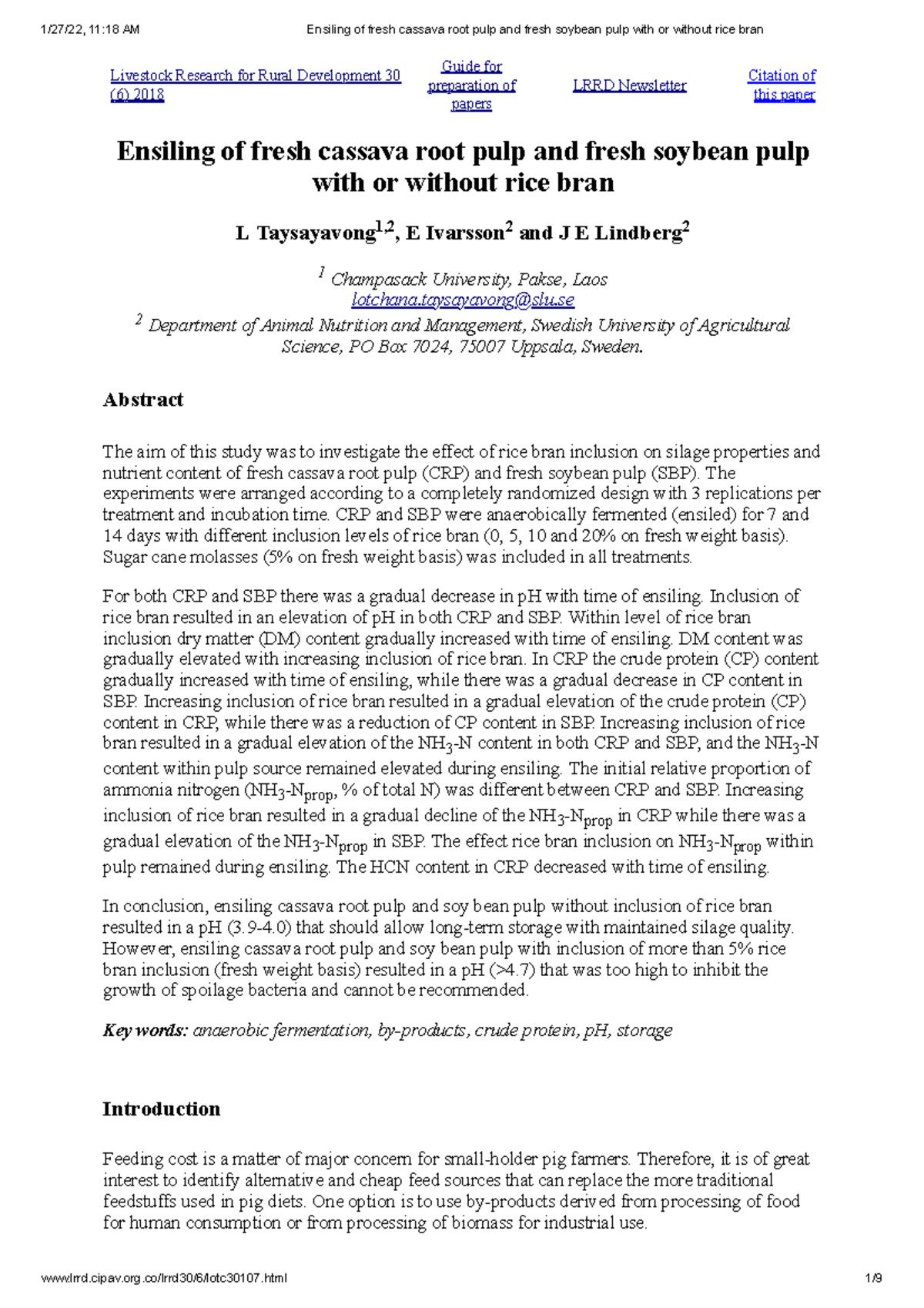 Ensiling of fresh cassava root pulp and fresh soybean pulp with or ...