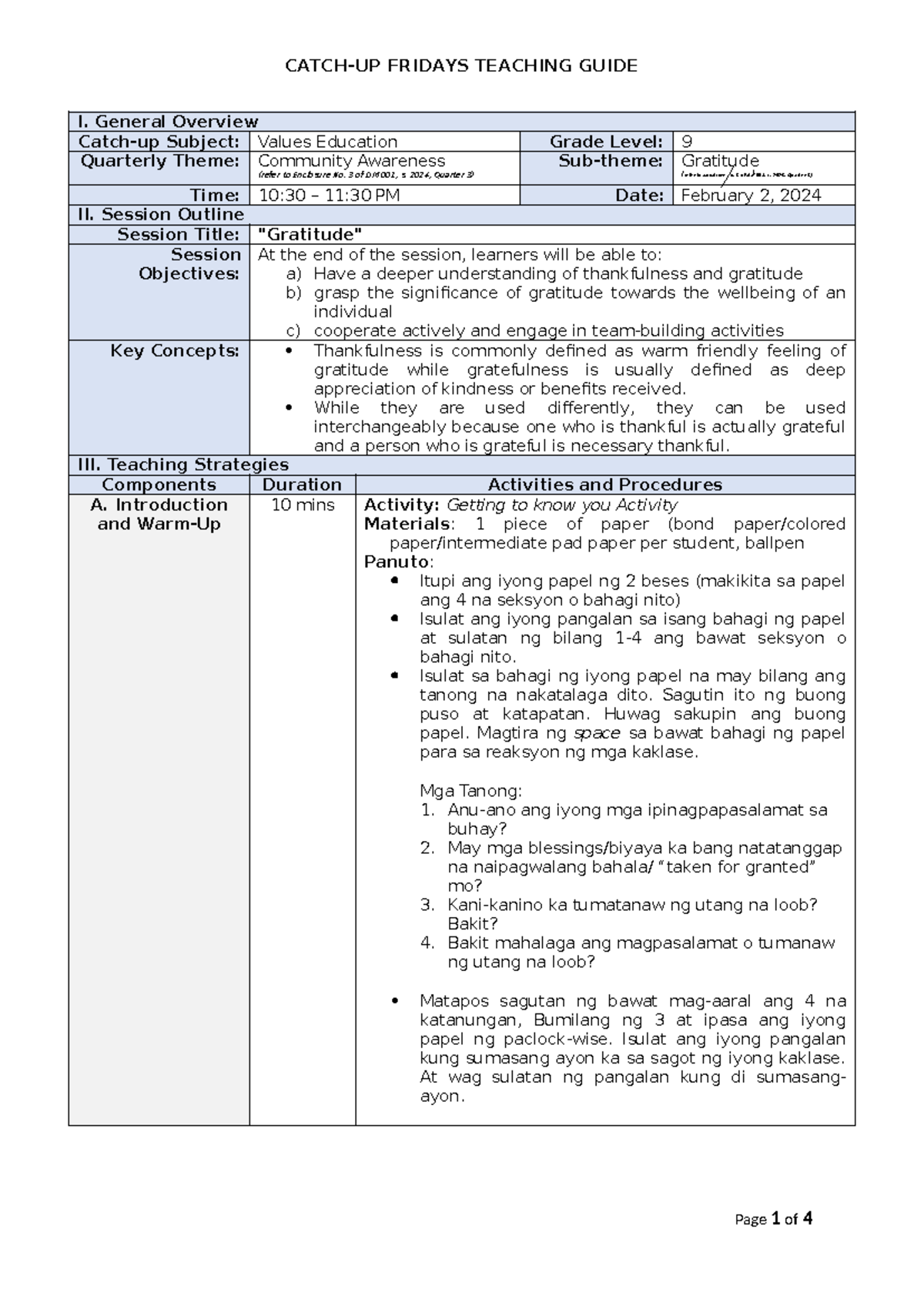 DLP Gratitue GR 9 ESP Catch UP Fridays FEB 2 - I. General Overview ...