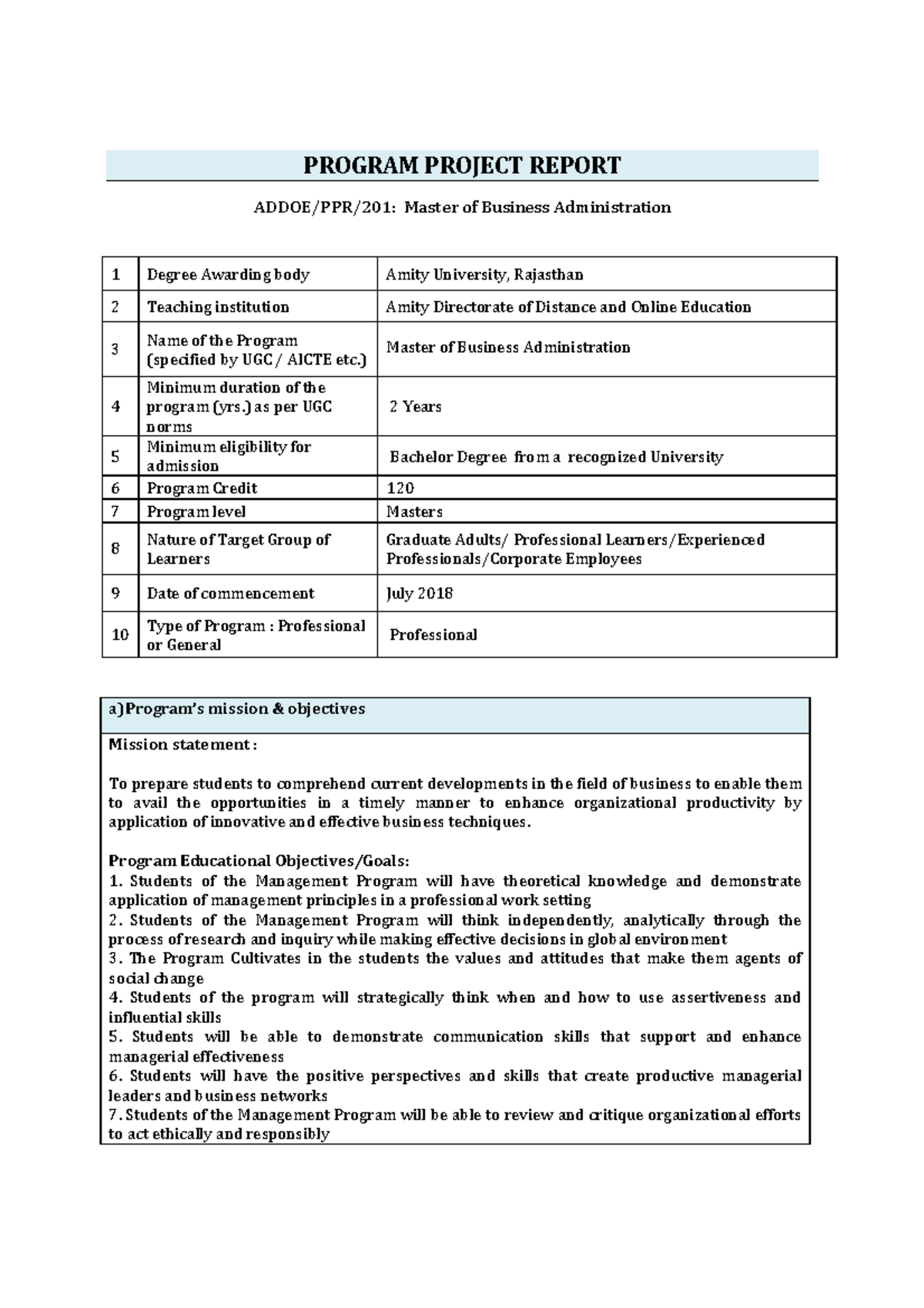 Master of business administration (mba) - PROGRAM PROJECT REPORT ADDOE ...