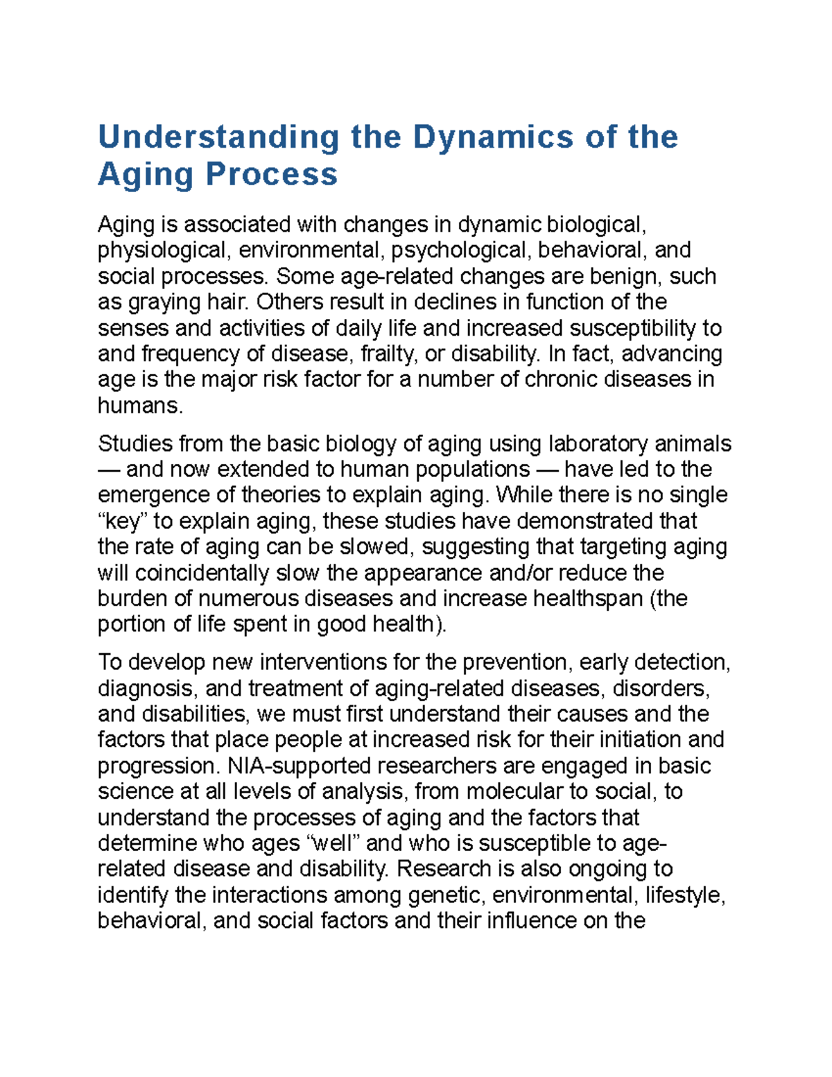 Aging Understanding the Dynamics of the Aging Process - Understanding ...