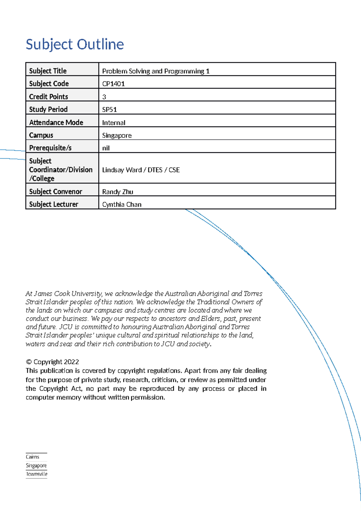 CP1401 Subject Outline 2022 51 2 - Subject Outline Subject Title ...