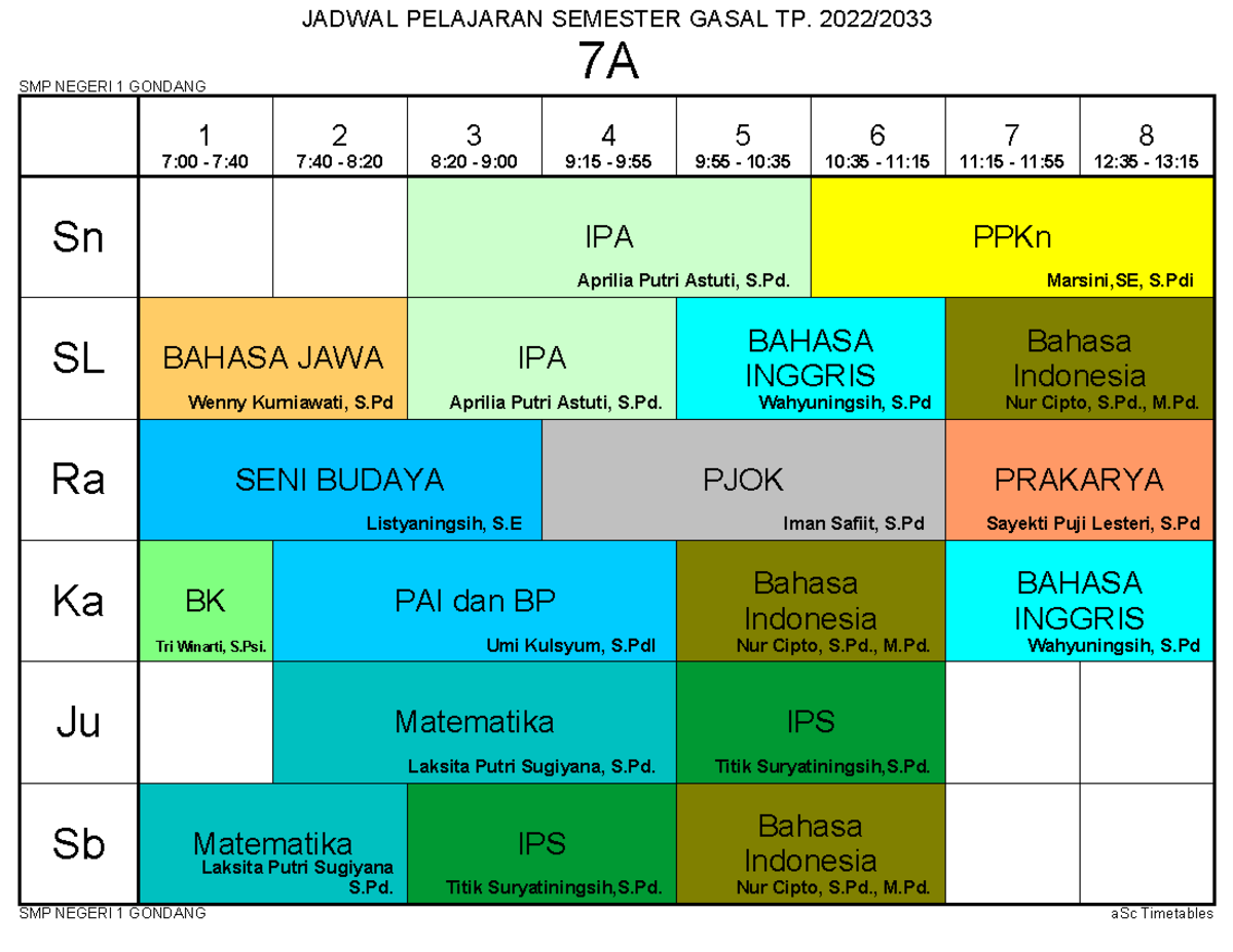 Jadwal BARU 2022 2023 - Kelas - SMP NEGERI 1 GONDANG PPKn Marsini,SE, S IPA Aprilia Putri Astuti ...