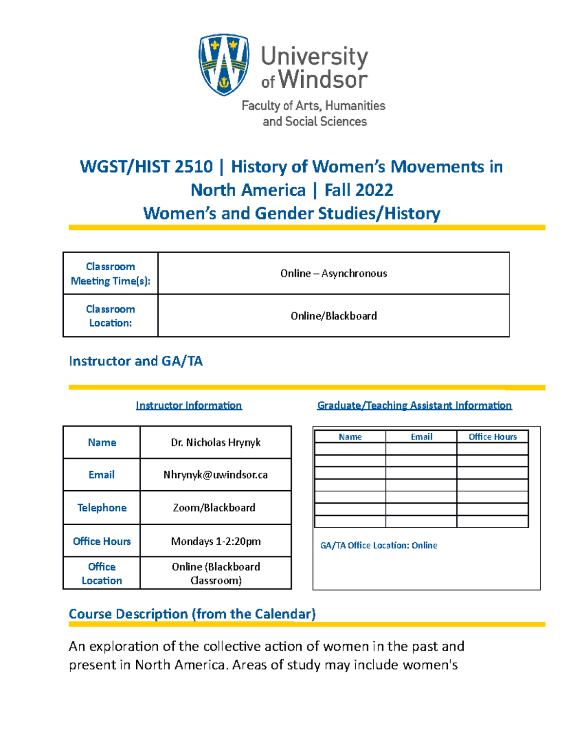 WGST-HIST 2510 F2022 Syllabus - WGST/HIST 2510 | History of Women’s ...