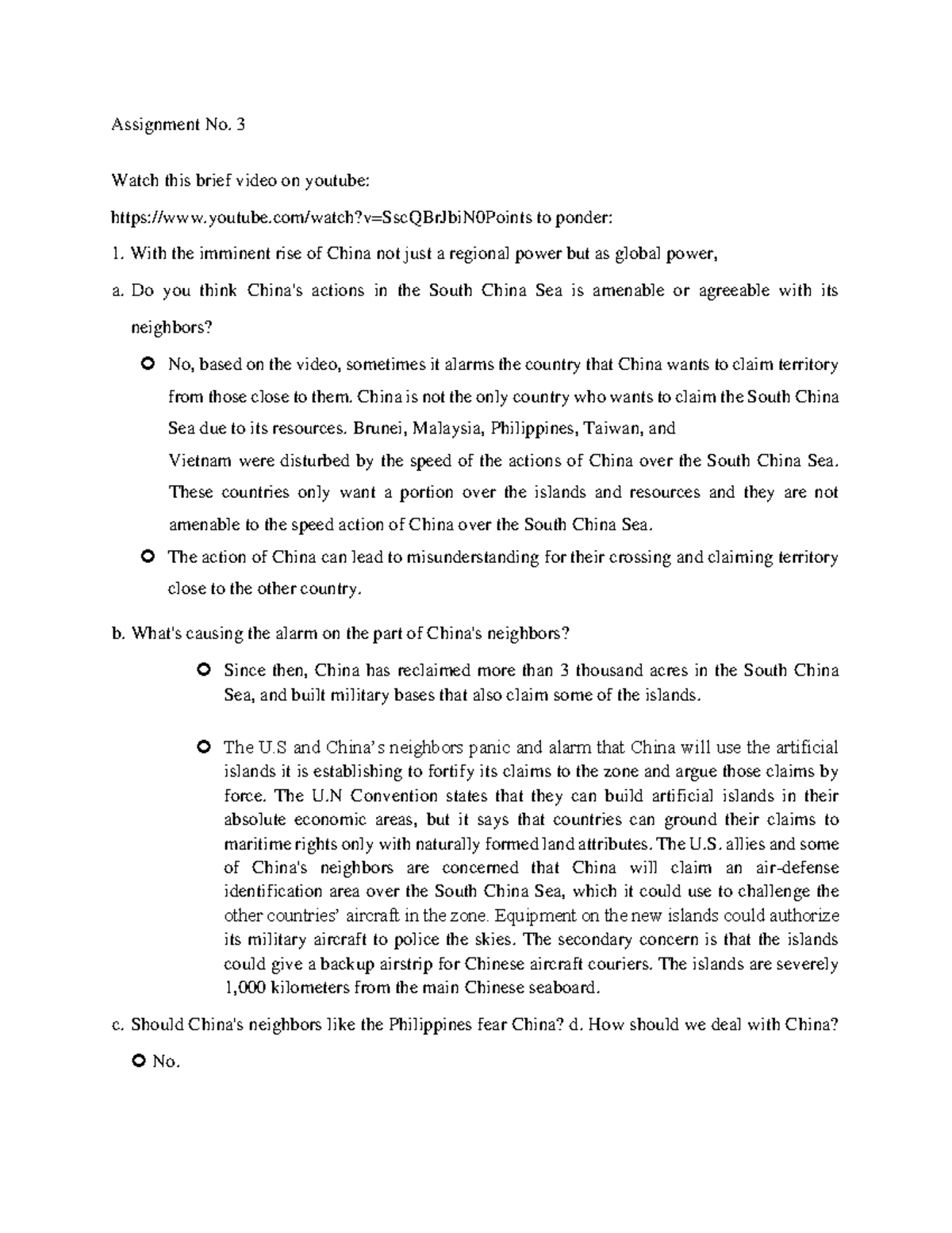 Poligov Assignment 3 - Do you think China's actions in the South China ...