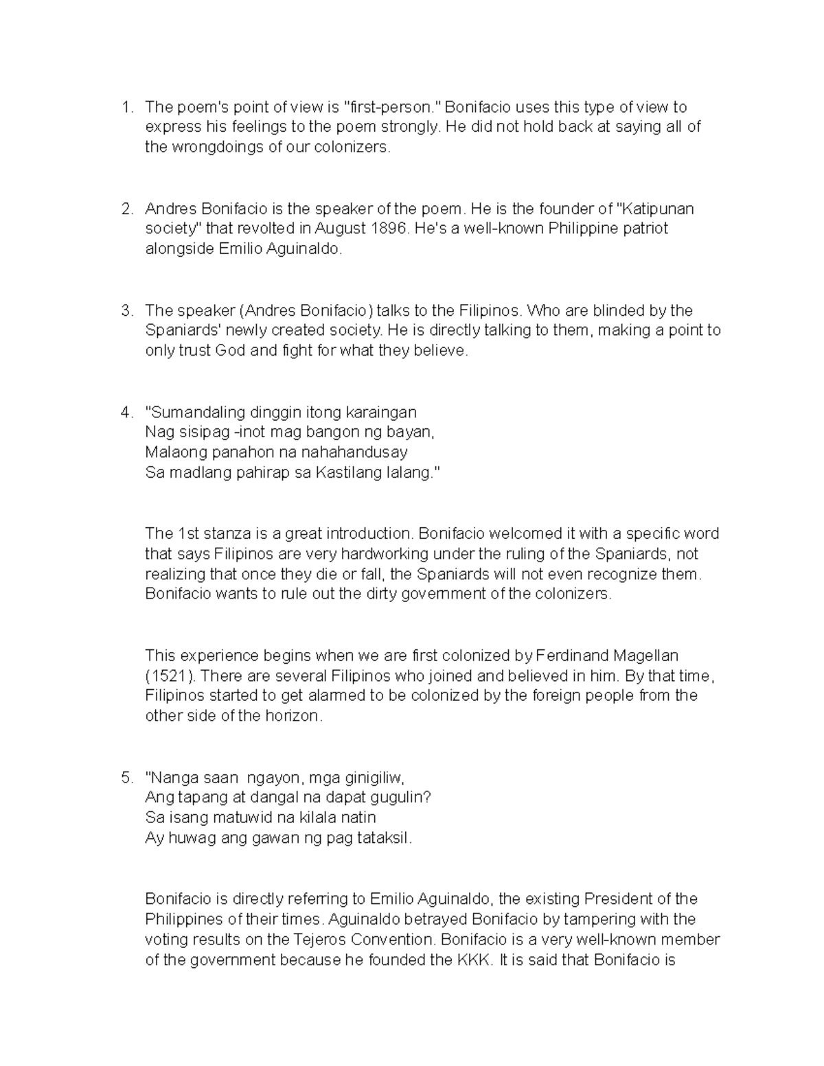 A. Bonifacio Sha KJdks - The poem's point of view is "first-person ...