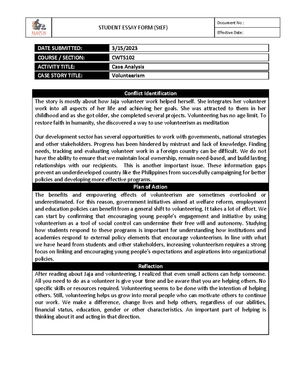 Form - Case analysis Essay Volunteerism - STUDENT ESSAY FORM (StEF ...