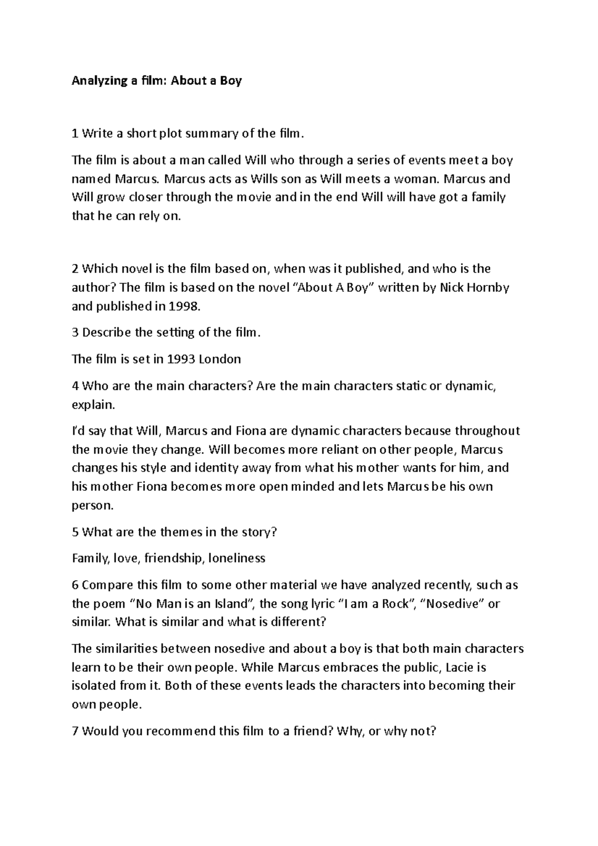 Analyse av "about a boy" - Analyzing a film: About a Boy 1 Write a ...