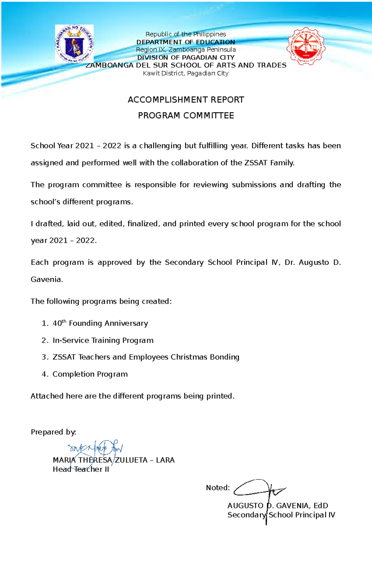 Accomplishment Report Committee - Republic of the Philippines ...