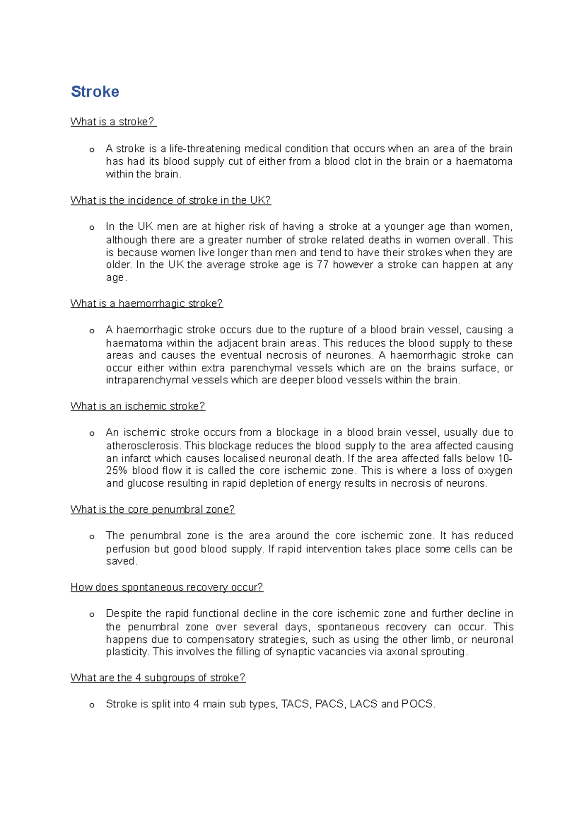 Must know Questions for the exam - Stroke What is a stroke? o A stroke ...